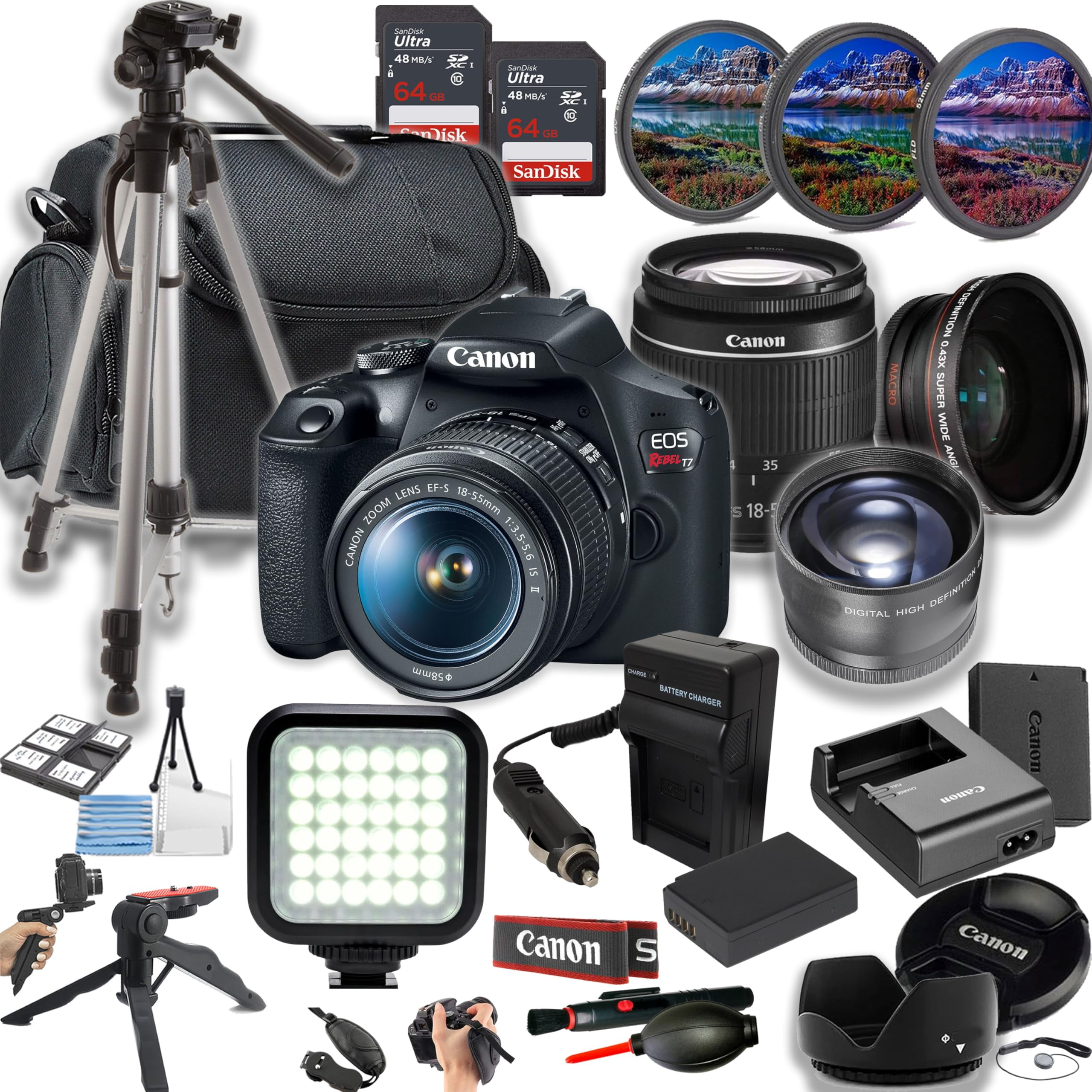 Canon EOS Rebel T7 24MP DSLR Camera w/EF-S 18-55mm f/3.5-5.6 is II Lens + LED Light + 128GB ...
