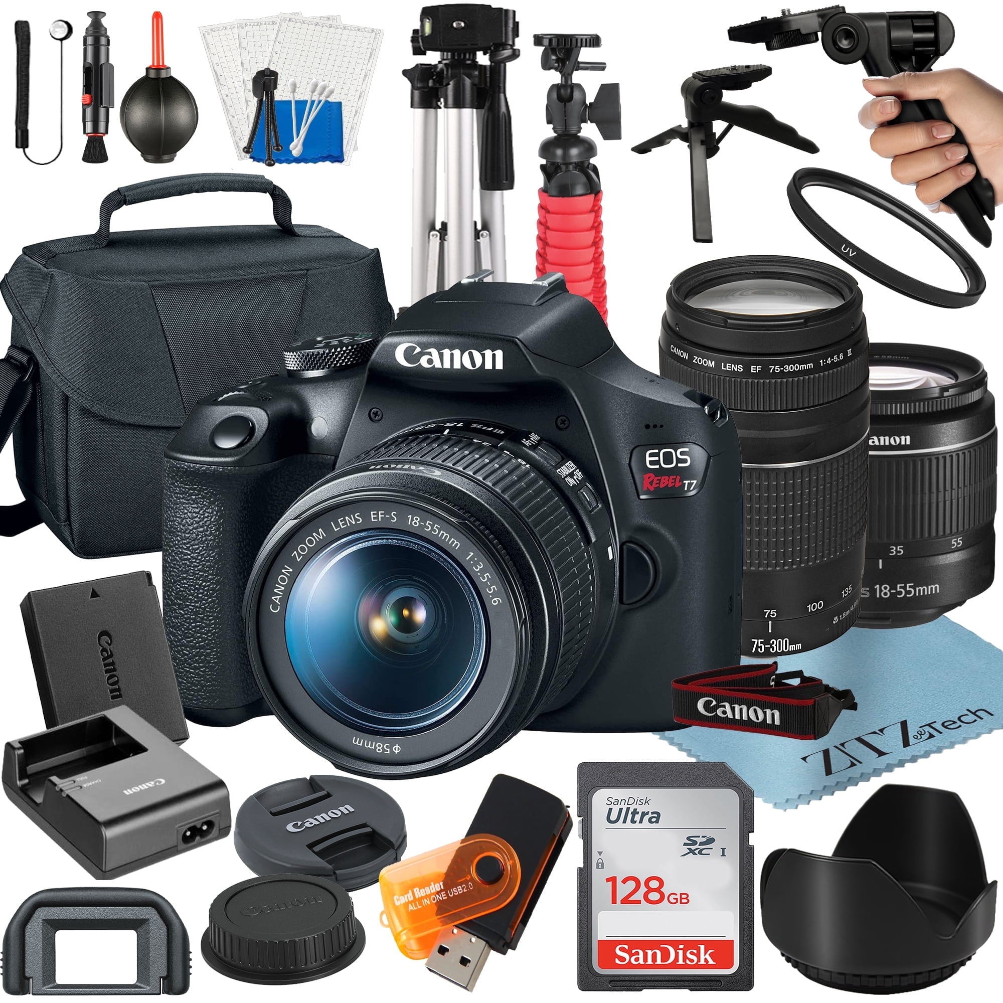 Canon EOS Rebel T7 DSLR Kit with 18-55mm, 75-300mm Lens, 128GB Card ...