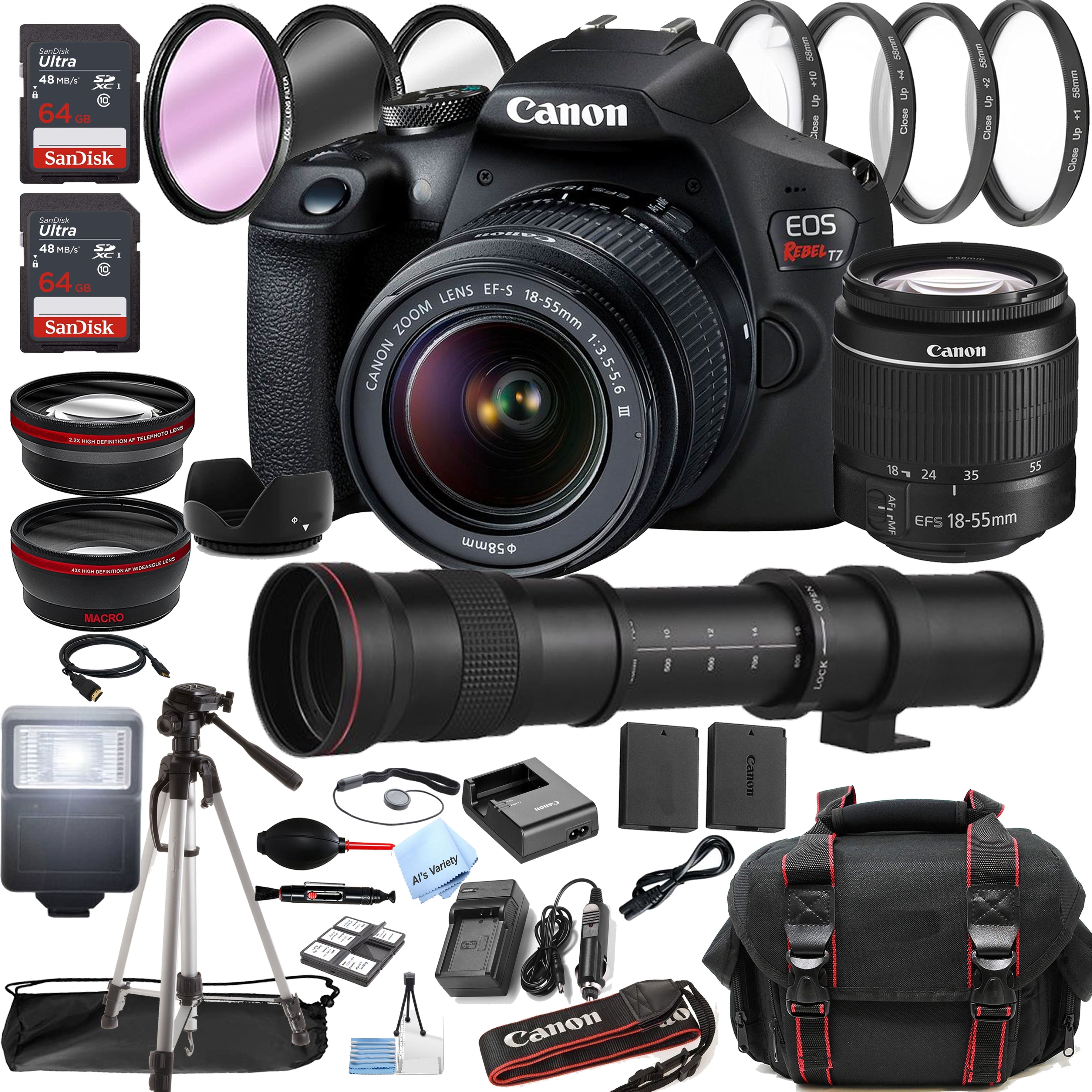 Canon EOS Rebel T7 DSLR Camera Kit w/18-55mm + 420-800mm Lens, 128GB ...