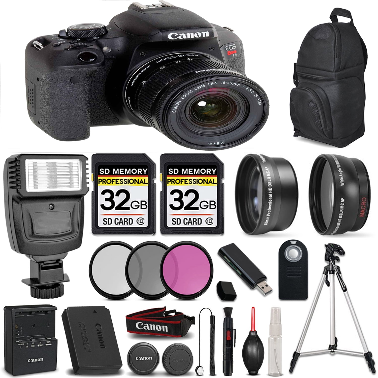 Canon EOS Rebel T7i DSLR Camera + Canon EF-S 18-55mm f/3.5-5.6 IS STM Lens + 64GB Storage + 3PC ...