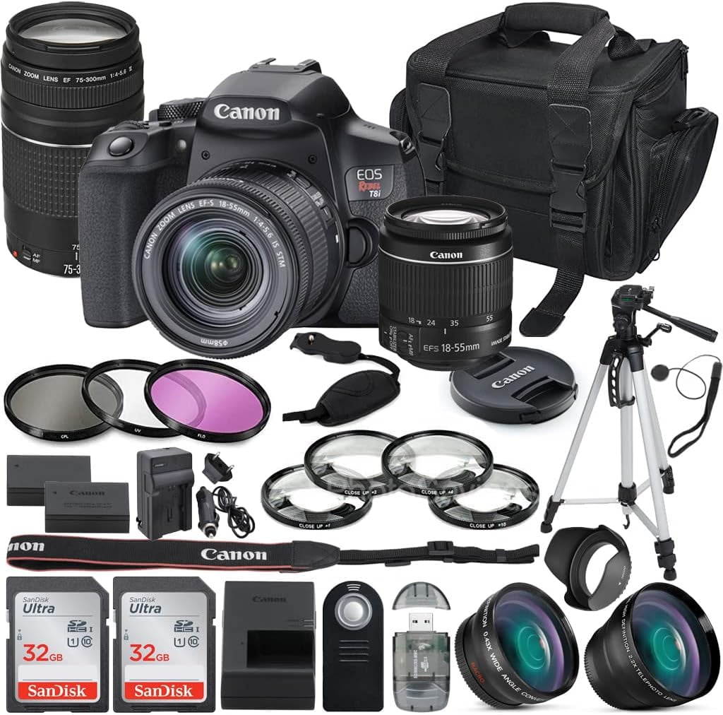 Canon EOS Rebel T8i DSLR Camera with 18-55mm & 75-300mm Lens Bundle + 2x 32GB Sandisk Memory ...