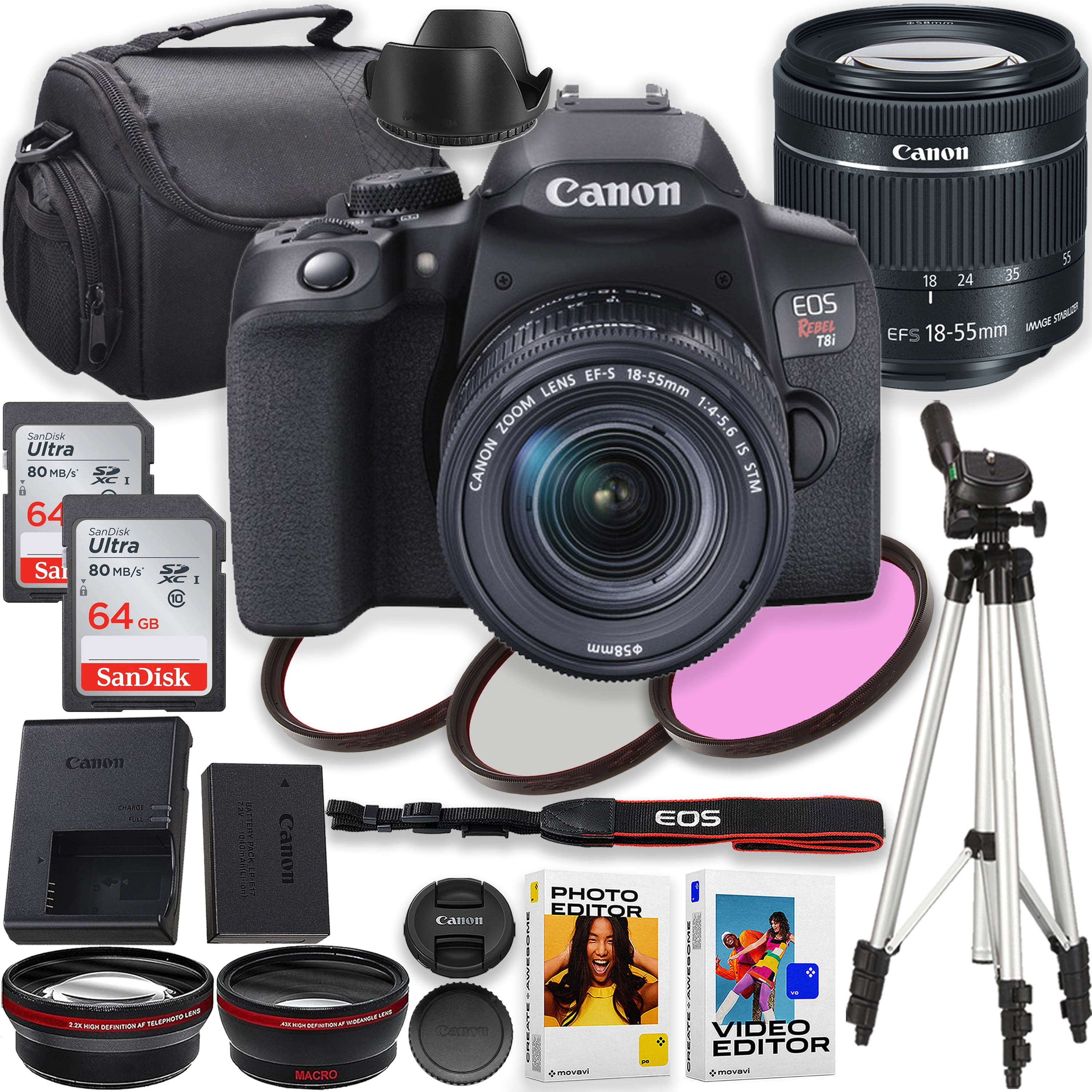 Canon EOS Rebel T8i DSLR Set w/ 18-55mm Lens, 2x64GB Cards, Tripod ...