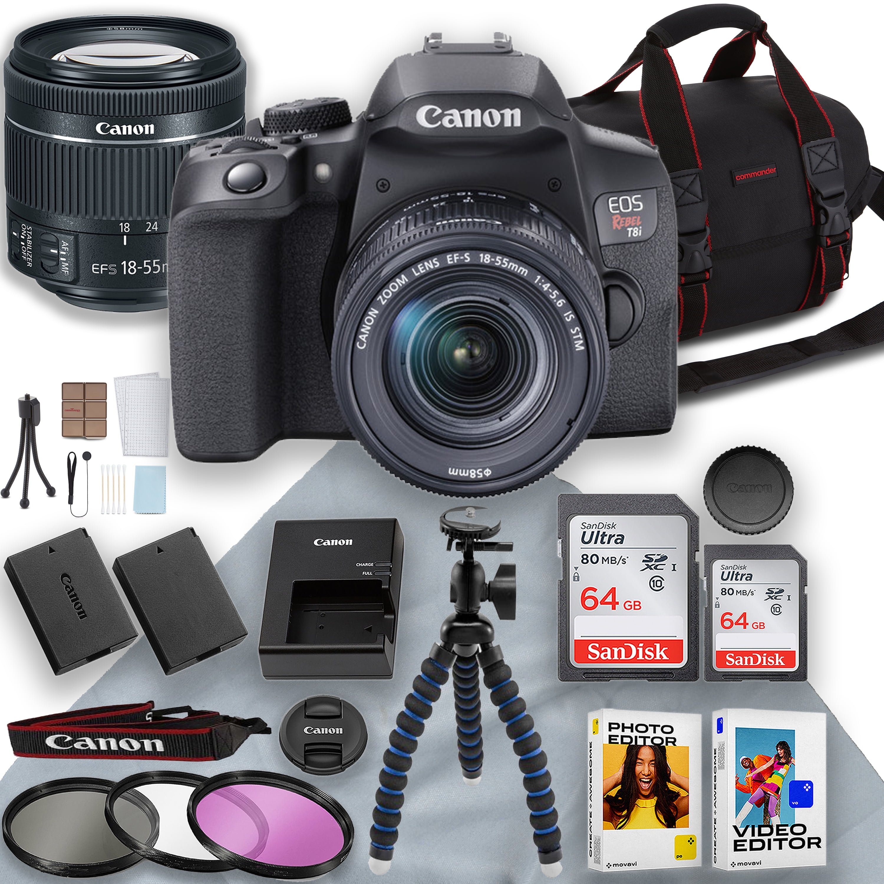 Canon EOS Rebel T8i DSLR Camera w/ EF-S 18-55mm IS STM Lens + 2pc 64GB ...