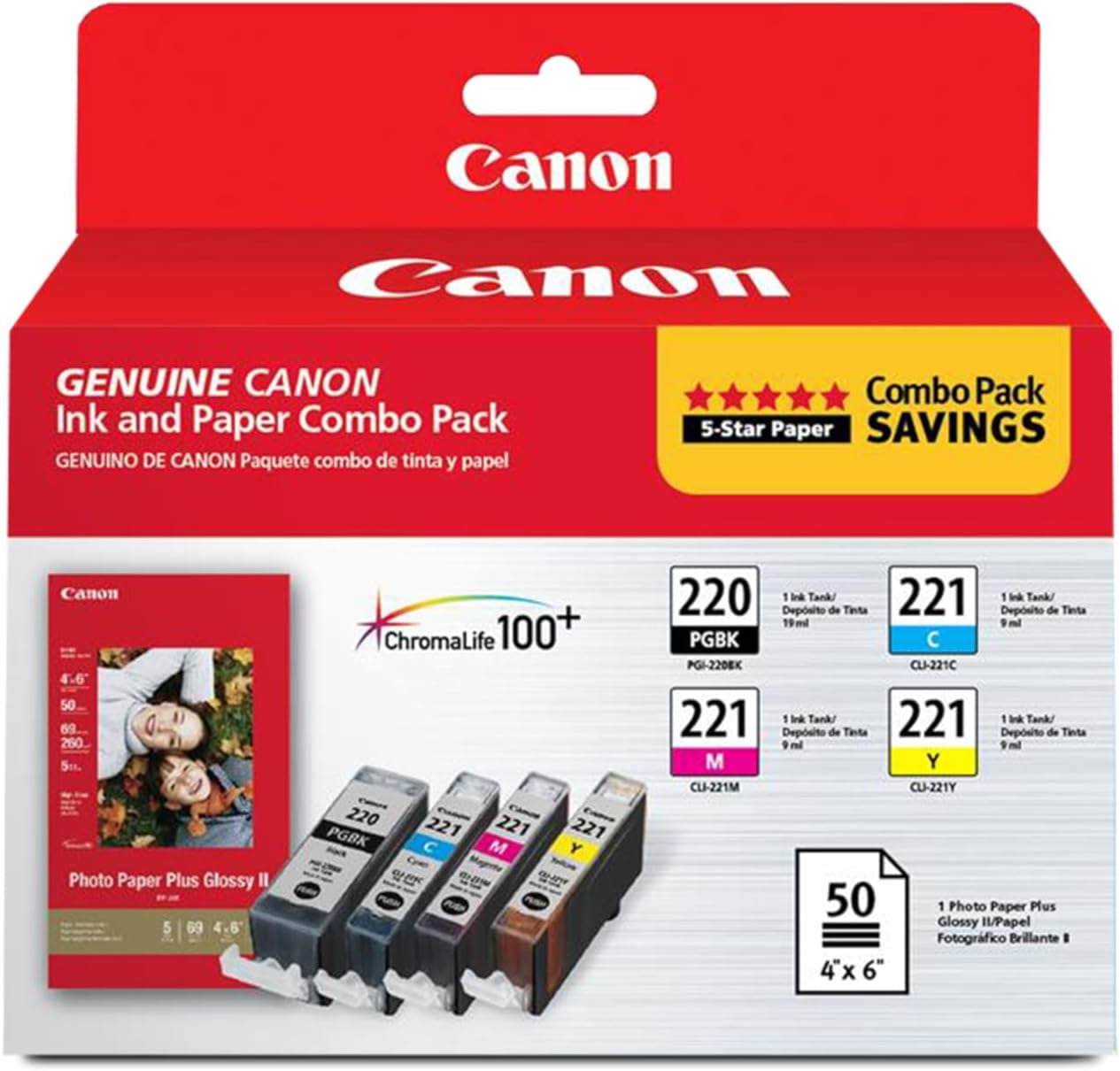 Canon PG-220/CL-221 Genuine Combo Pack with 50 Photo Paper Sheets, Compatible with MP980, MP560 ...