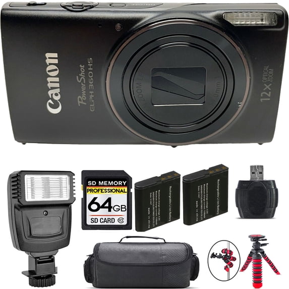 Canon PowerShot ELPH 360 Digital Compact Camera Bundle - Black, Extra ...