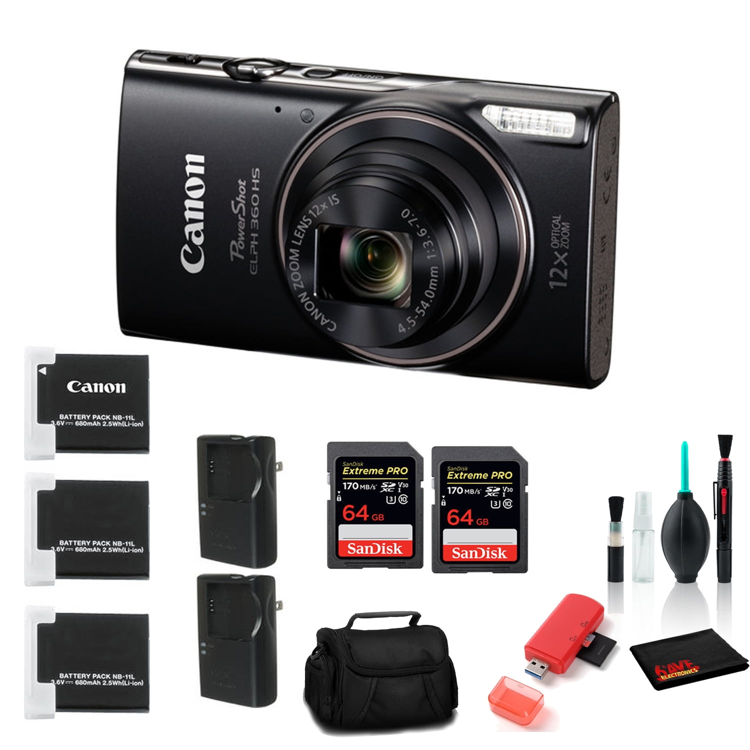Canon PowerShot ELPH 360 HS Black, 20.2 MP, Photo Digital Camera with 2x 64GB Cards - Walmart.com