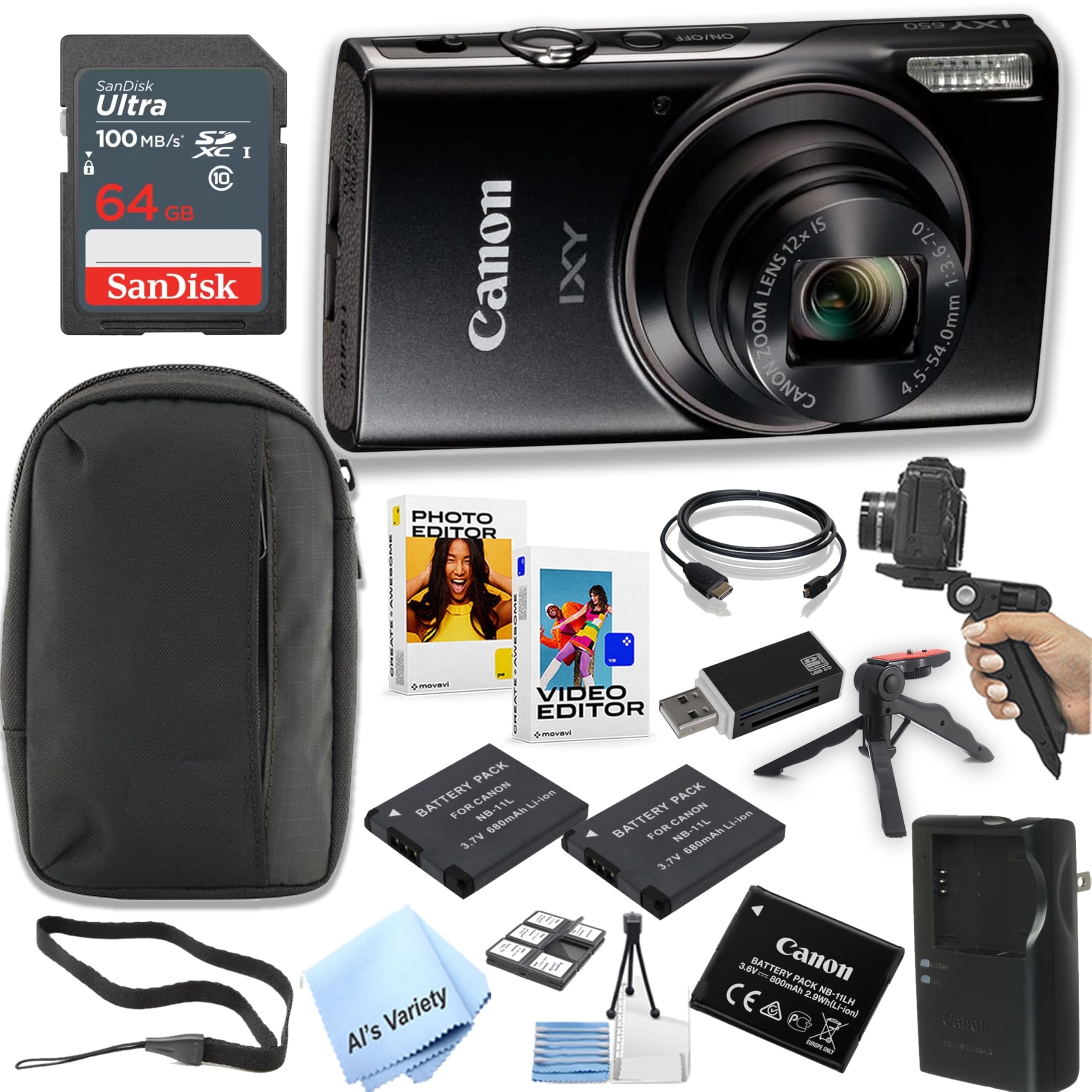 Canon PowerShot IXY 650 (ELPH 360) HS Digital Camera (Black) + 64GB ...