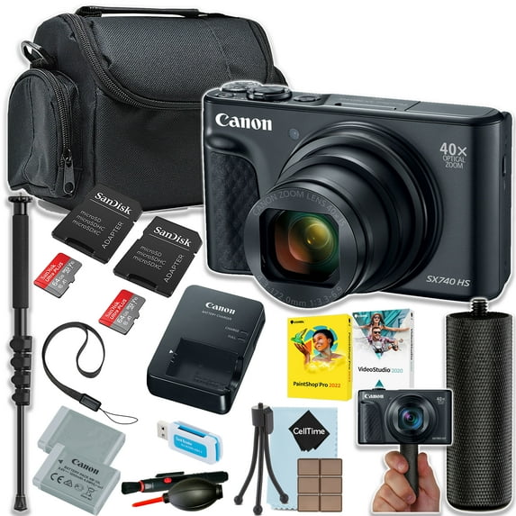 Canon PowerShot SX740 HS Digital Camera (Black) + 2pc 64GB Ultra Memory ...