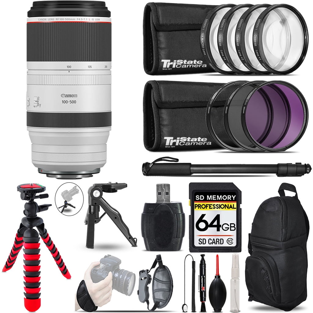 Canon RF 100-500mm f/4.5-7.1 L IS USM Lens + MACRO, UV-CPL-FLD Filter + Monopad - 64GB Accessory ...