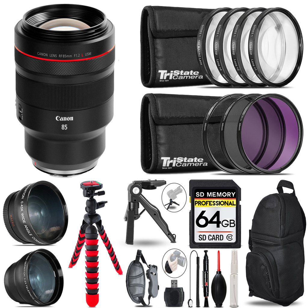 Canon RF 85mm f/1.2L USM Lens - 3 Lens Kit + Tripod + Backpack - 64GB ...
