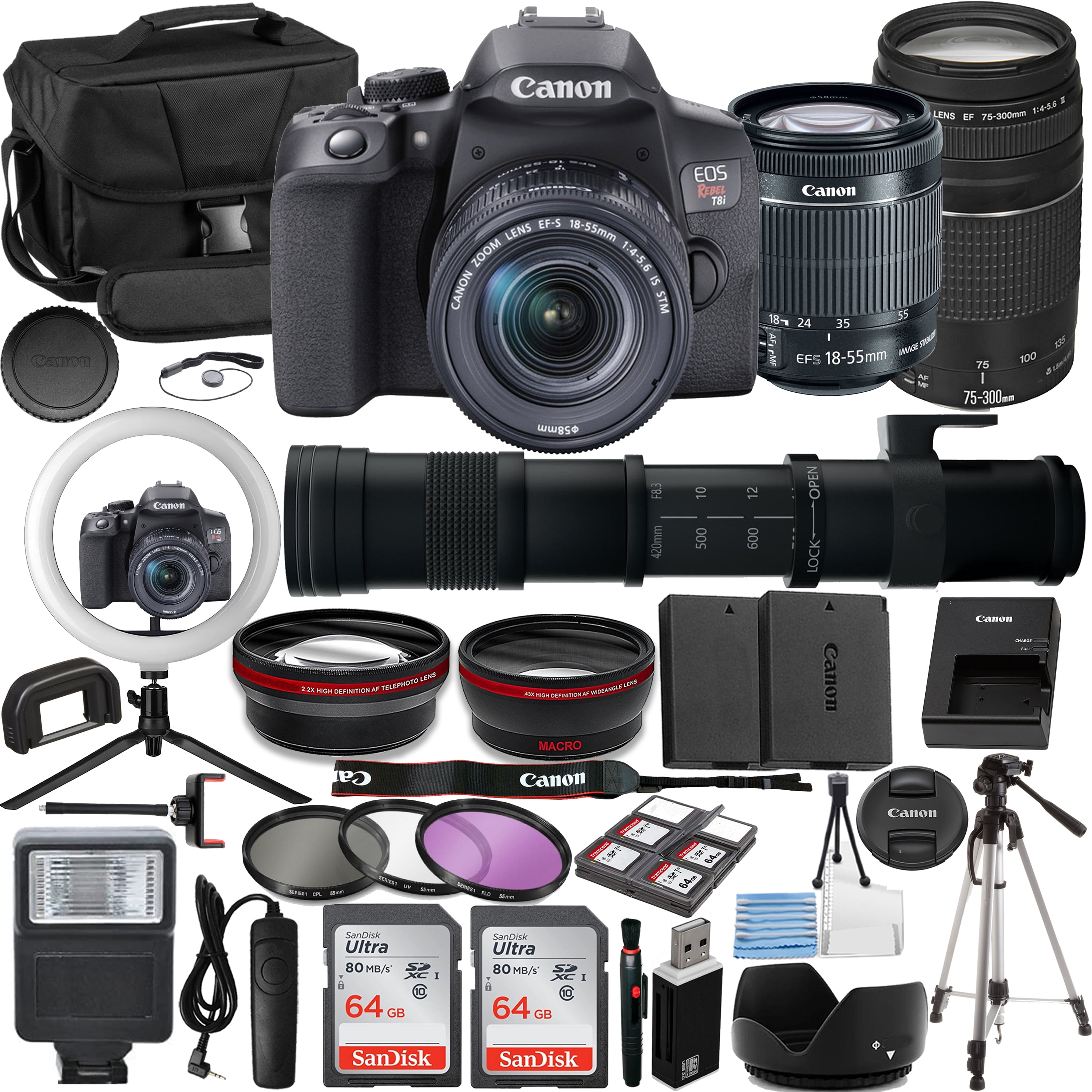 Canon Rebel T8i Vlogger Kit:EF-S 18-55mm,EF 75-300mm & 420-800mm Lenses ...