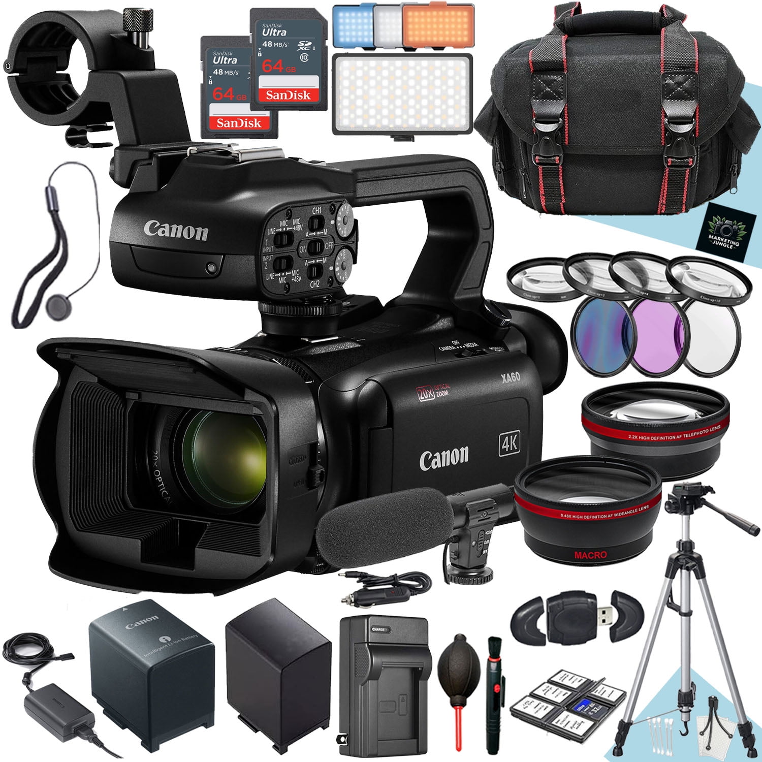 Canon XA60 Professional UHD 4K Camcorder + 2PC 64 GB Memory + Extra Battery + Filters + Shotgun ...