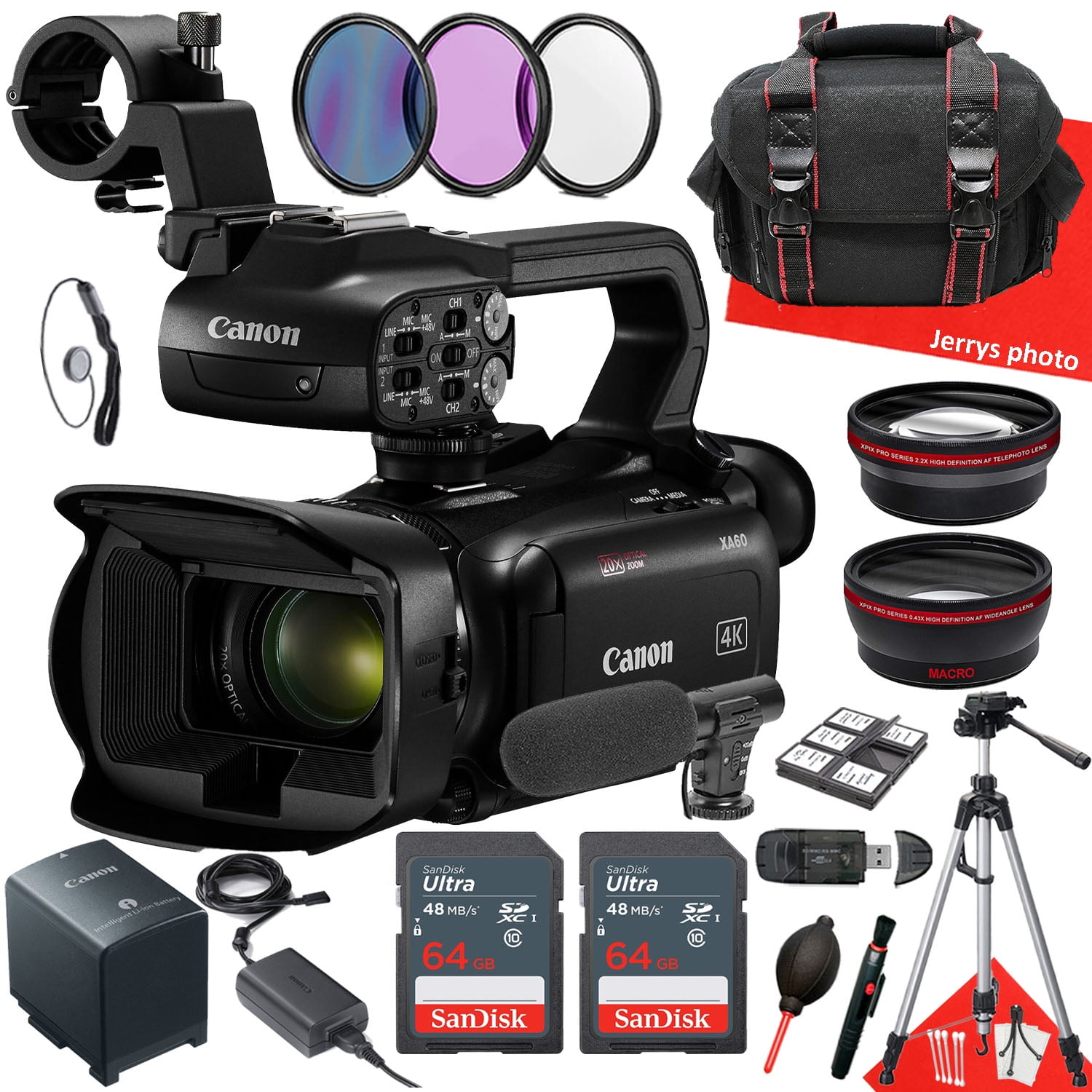 Canon XA60 Professional UHD 4K Camcorder + 2PC 64 GB Memory + Shotgun ...