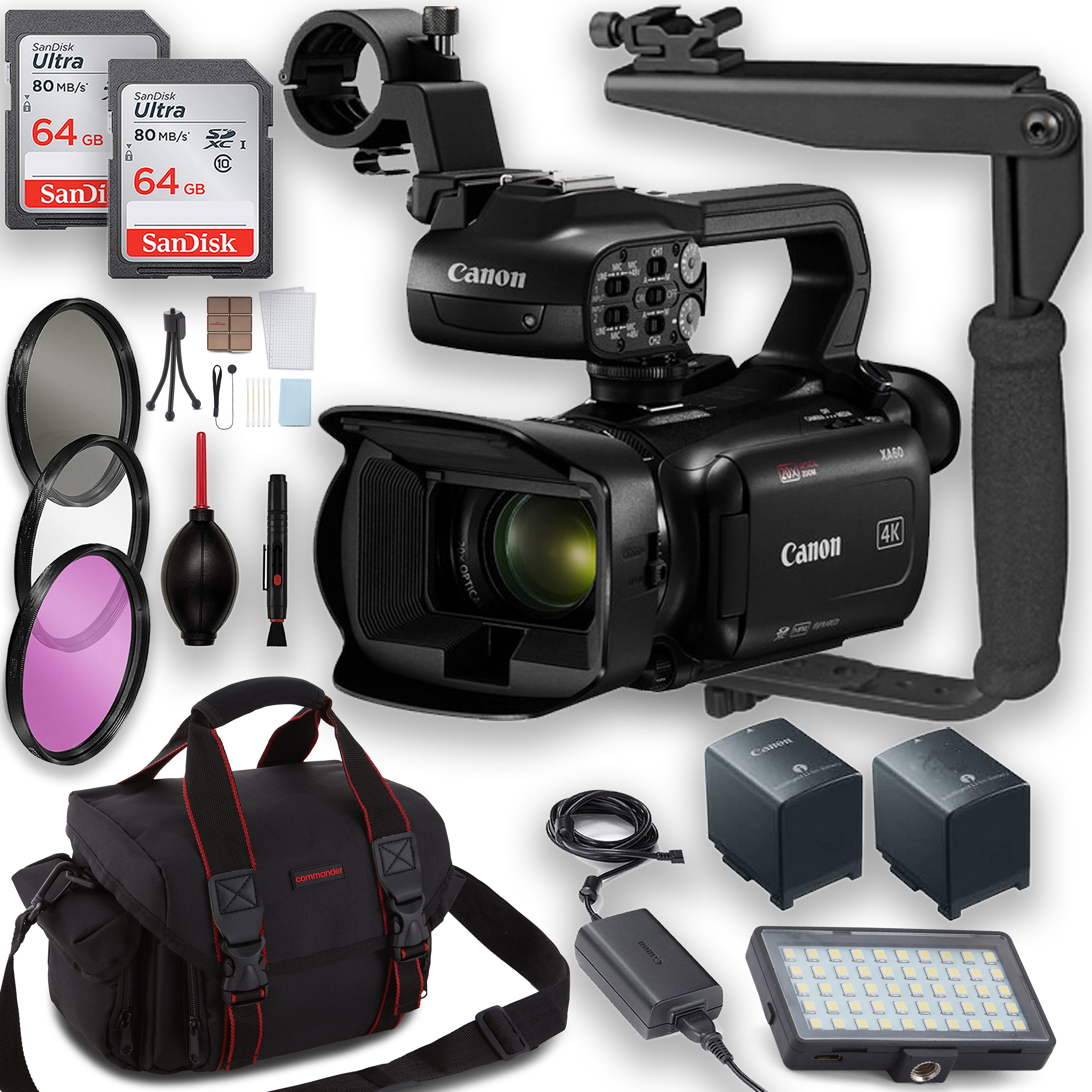 Canon XA60 Professional UHD 4K Camcorder with LED Video Light + Extra Battery + 2pc 64GB Memory ...