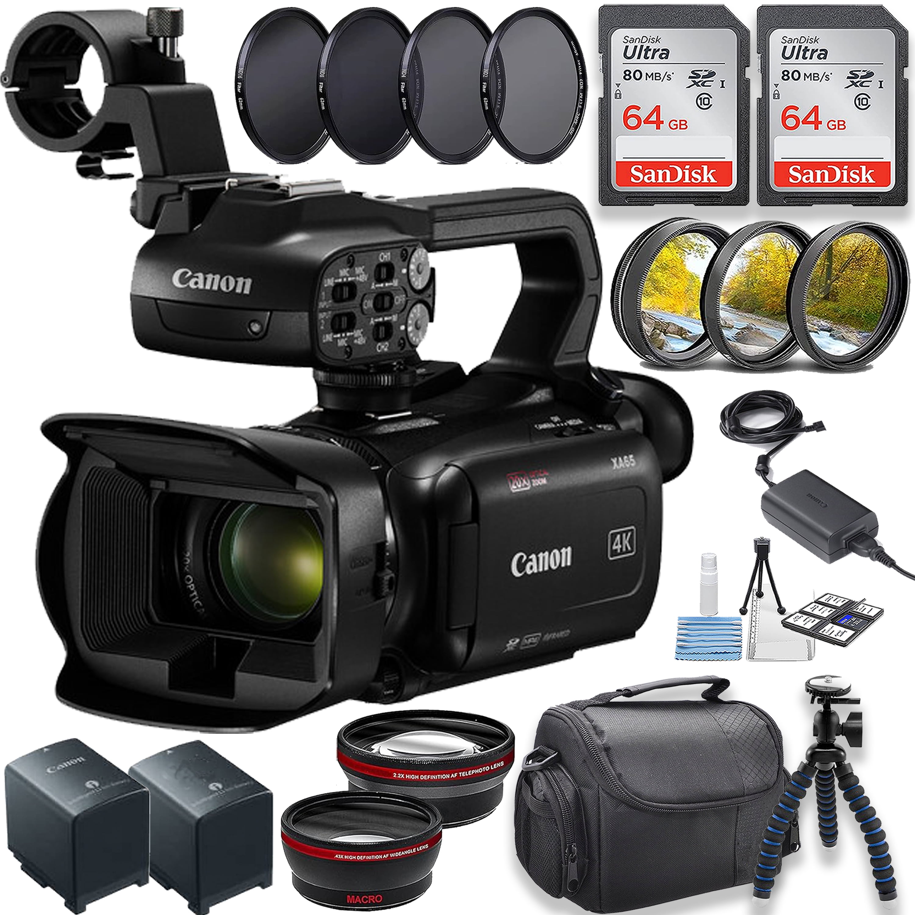 Canon XA65 Professional UHD 4K Camcorder w/ 2pc 64GB Memory Cards + Filter Kits + Extra Battery ...
