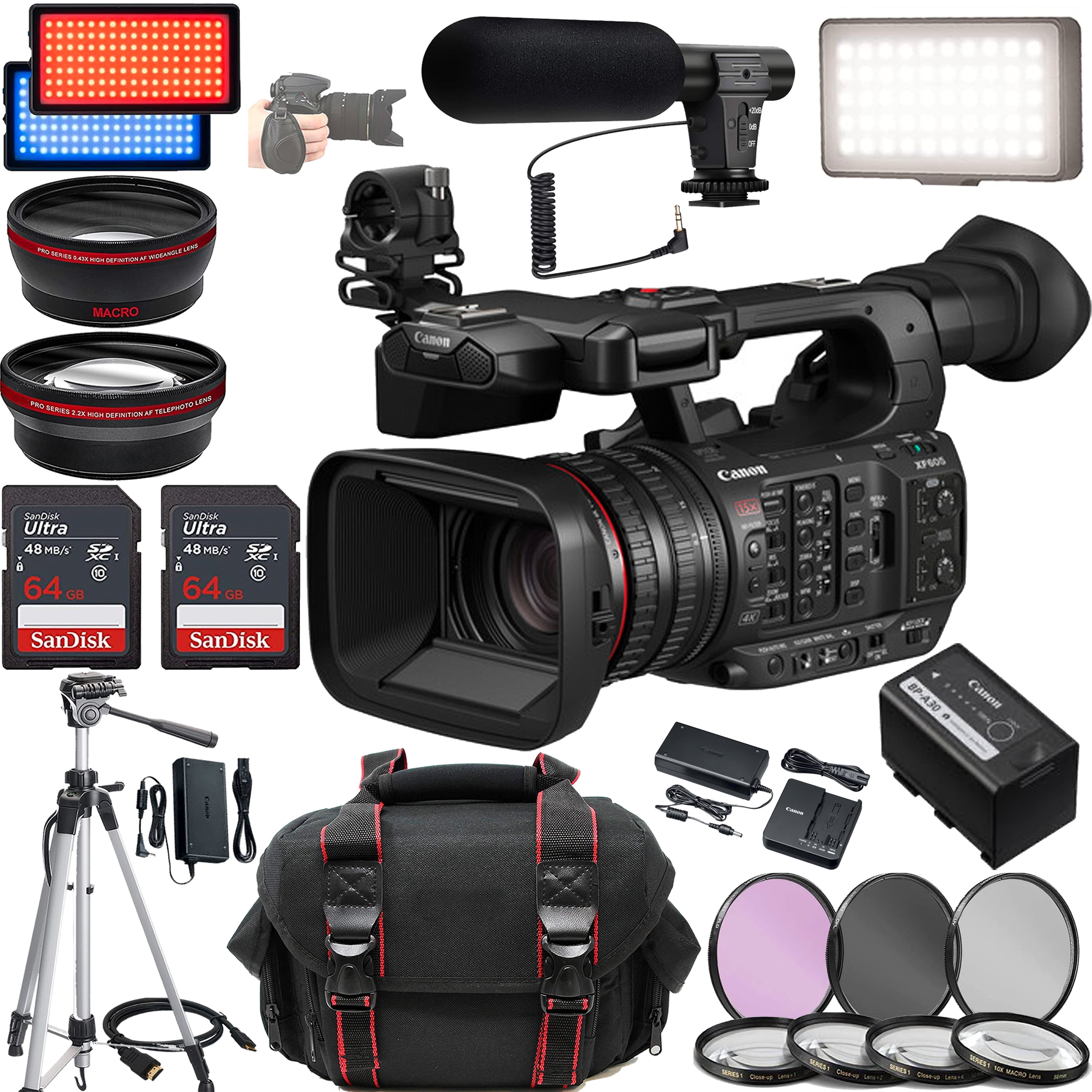 Canon XF605 4K HDR Pro Camcorder Bundle with Video Accessories, 2x 64GB ...
