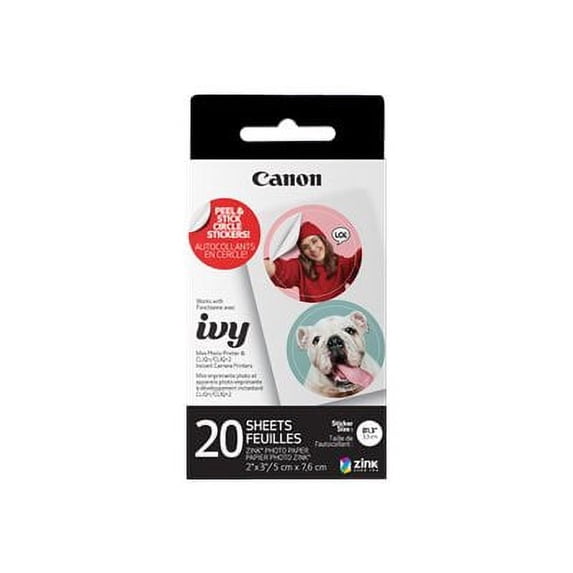 Canon ZINK 20 Sheets Pre-Cut Circle Sticker Paper Pack, 2” x 3” Size, 1 ...