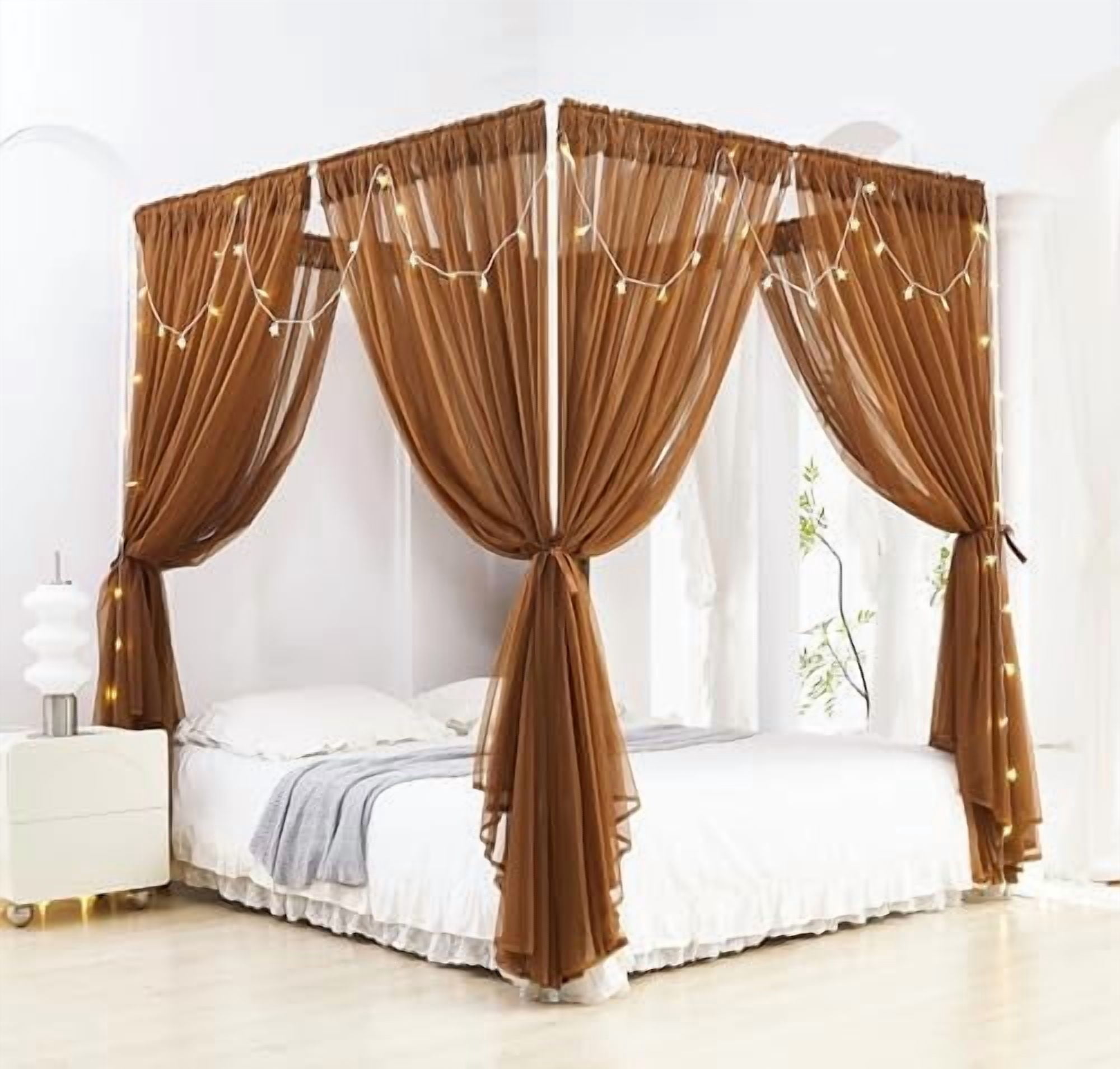 Canopy Bed Curtain with Lights Bed Drapes for Girls Adults Soft Bed ...