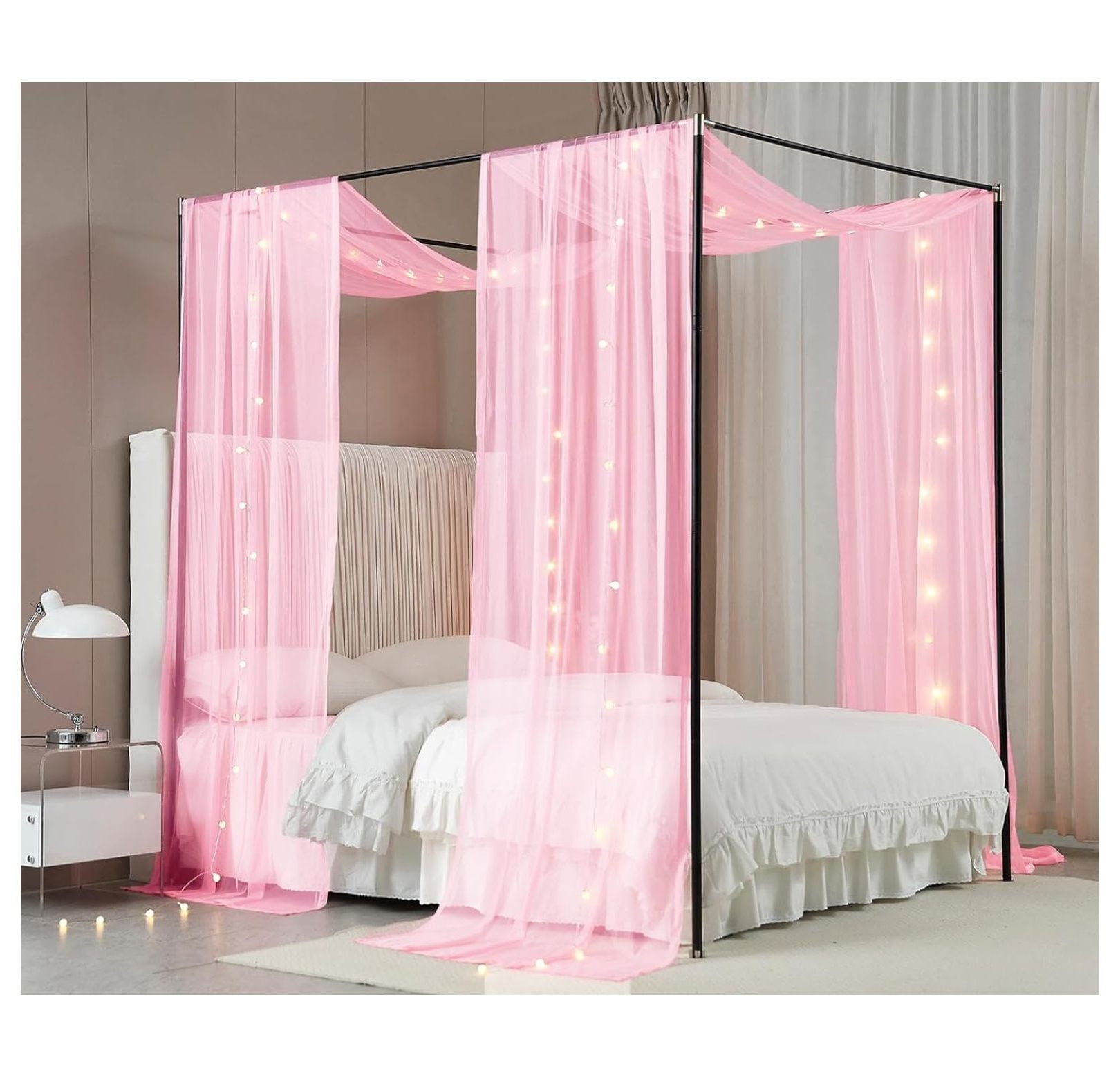 Canopy Bed Curtains with Light Bed Canopy Scarf for Full/Queen Metal ...