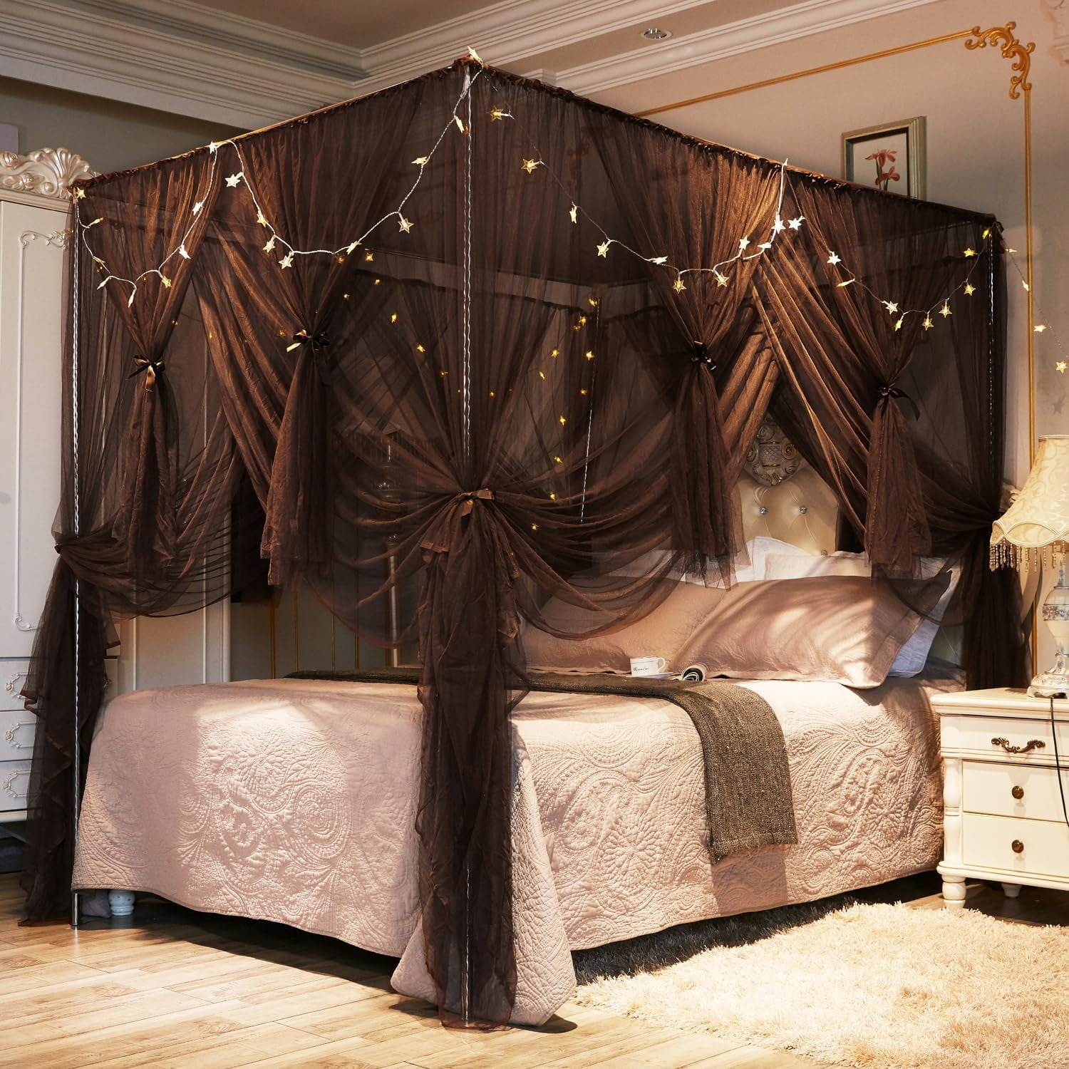 Coffee Full Canopy Bed Curtains with Lights, 4 Corner Royal Princess ...