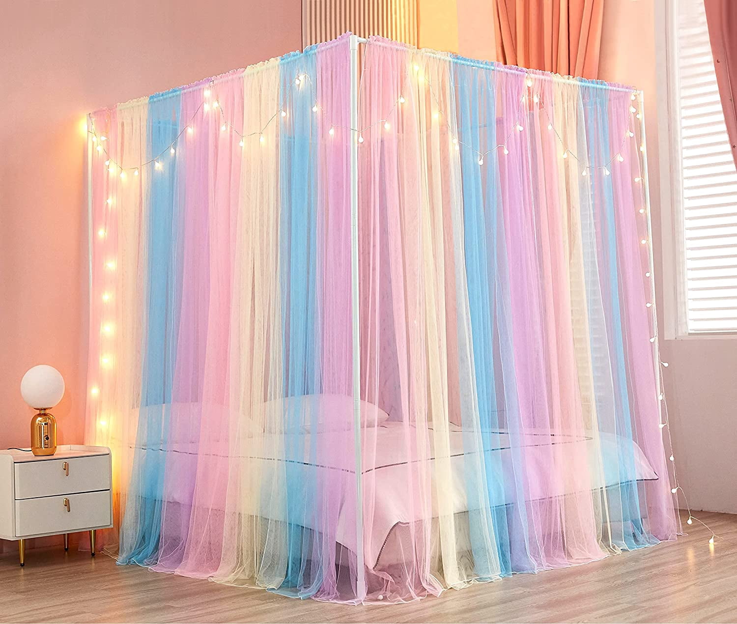Canopy Bed Curtains with Lights 4 Corner Post Bed Canopy for Adults ...