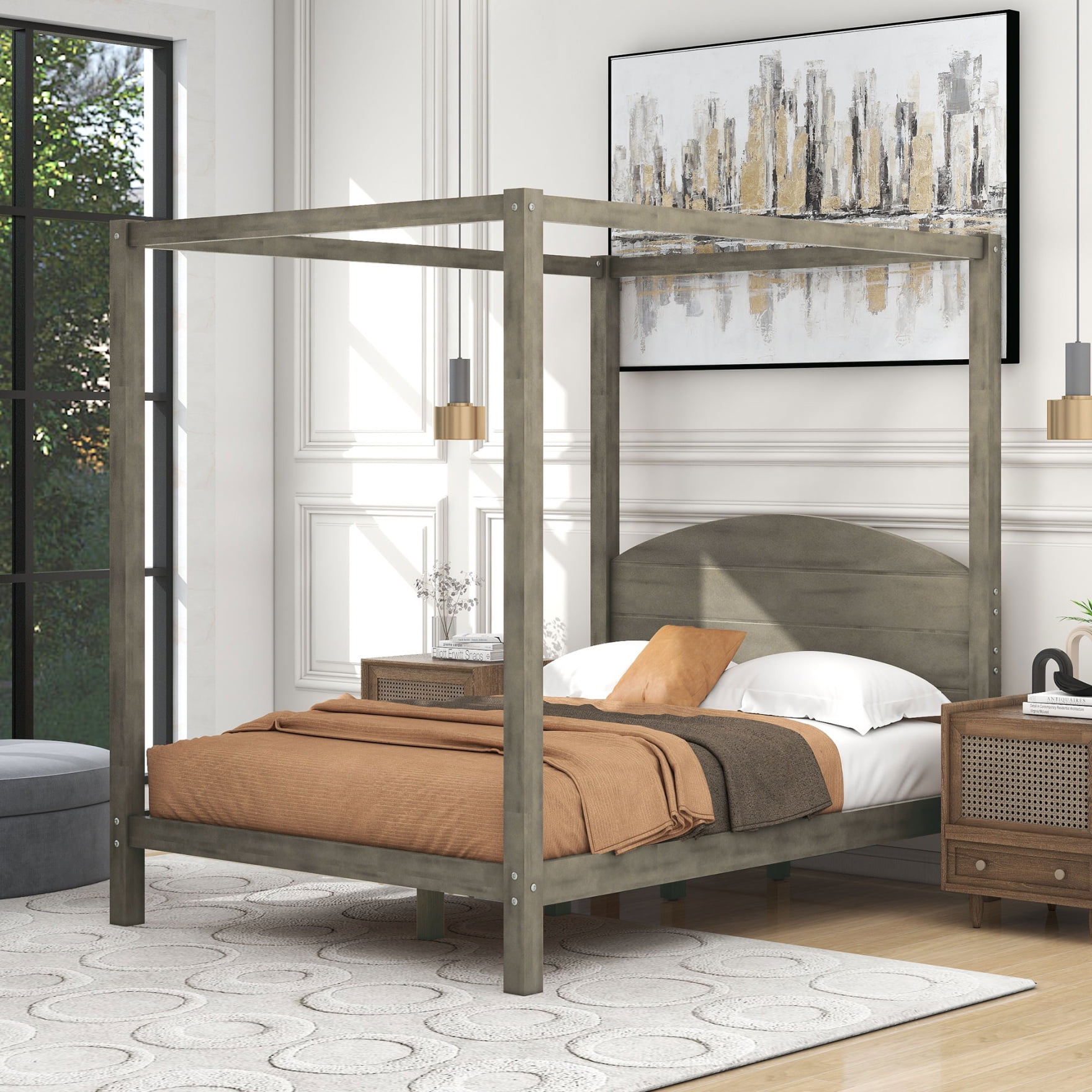 Canopy Bed Frame Full, Four-Poster Platform Bed Frame with Headboard ...