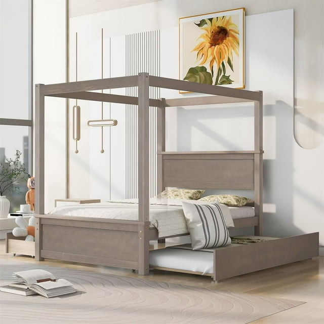 Canopy Bed Frame Full, Full Size Wooden Canopy Platform Bed with ...