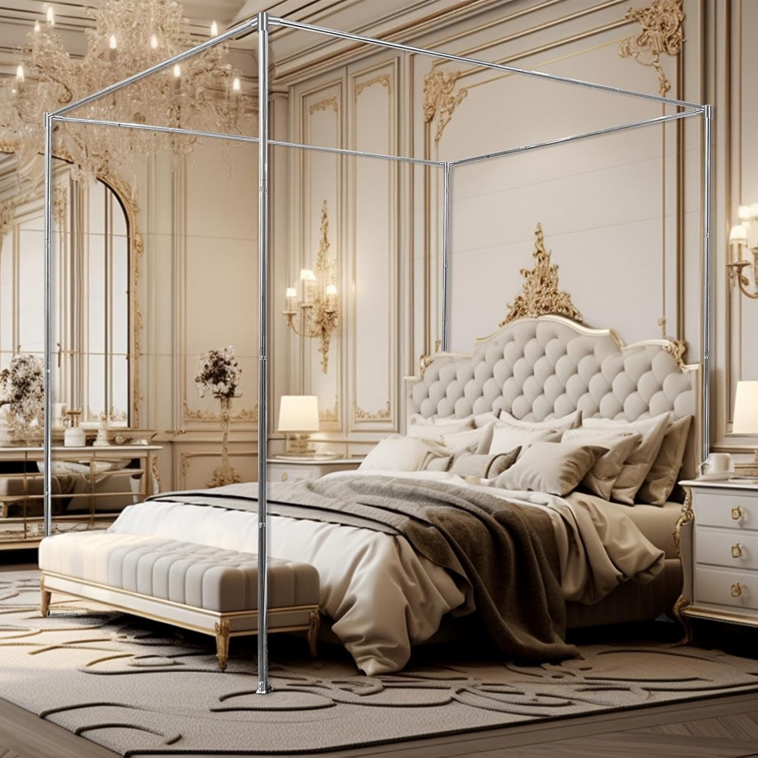 Canopy Bed Frame Full Size, Stainless Steel Bed Canopy Frame Bed Post ...