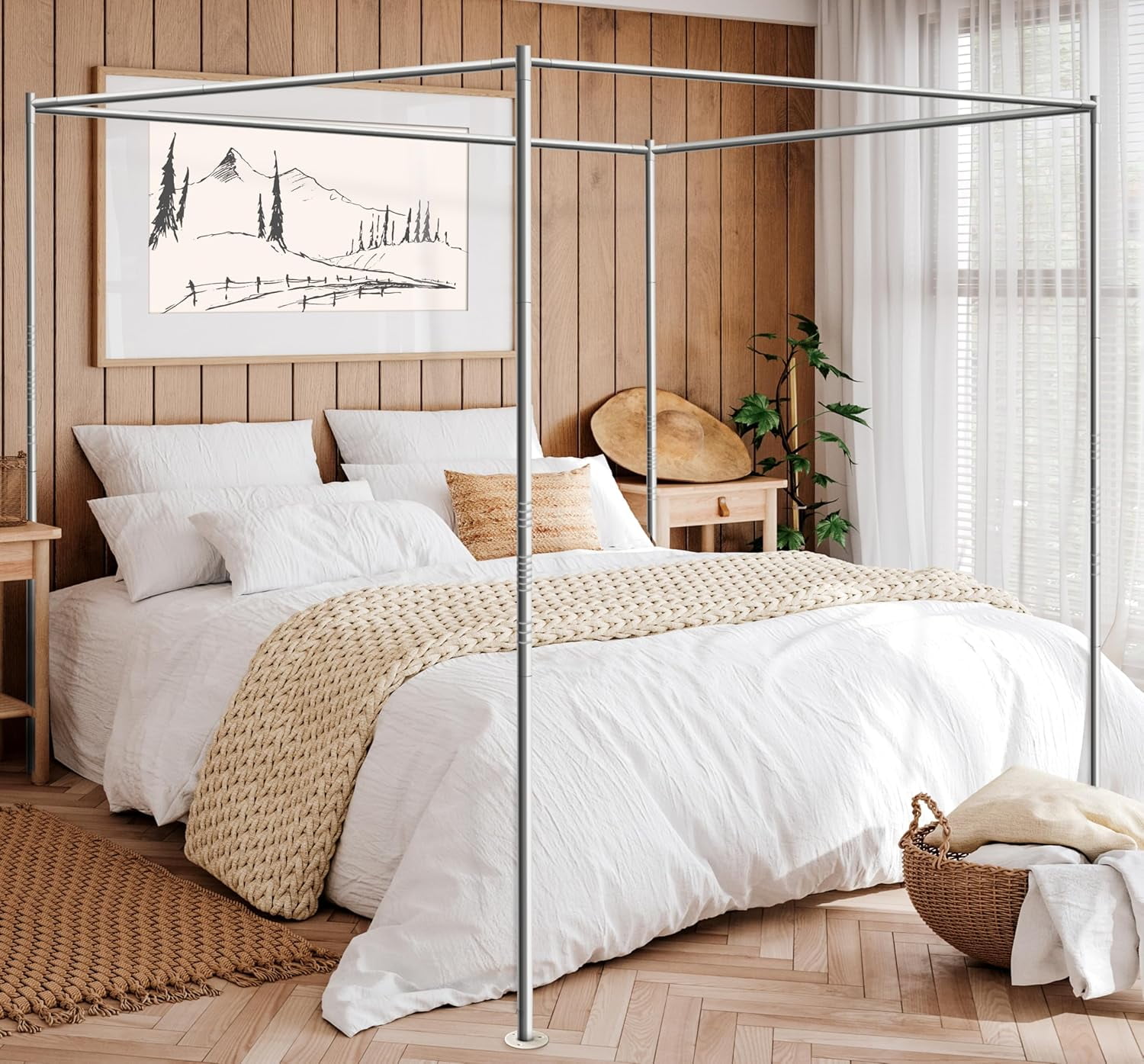 Canopy Bed Frame, Metal Stainless Steel Four Corner Bed Mosquito Net ...