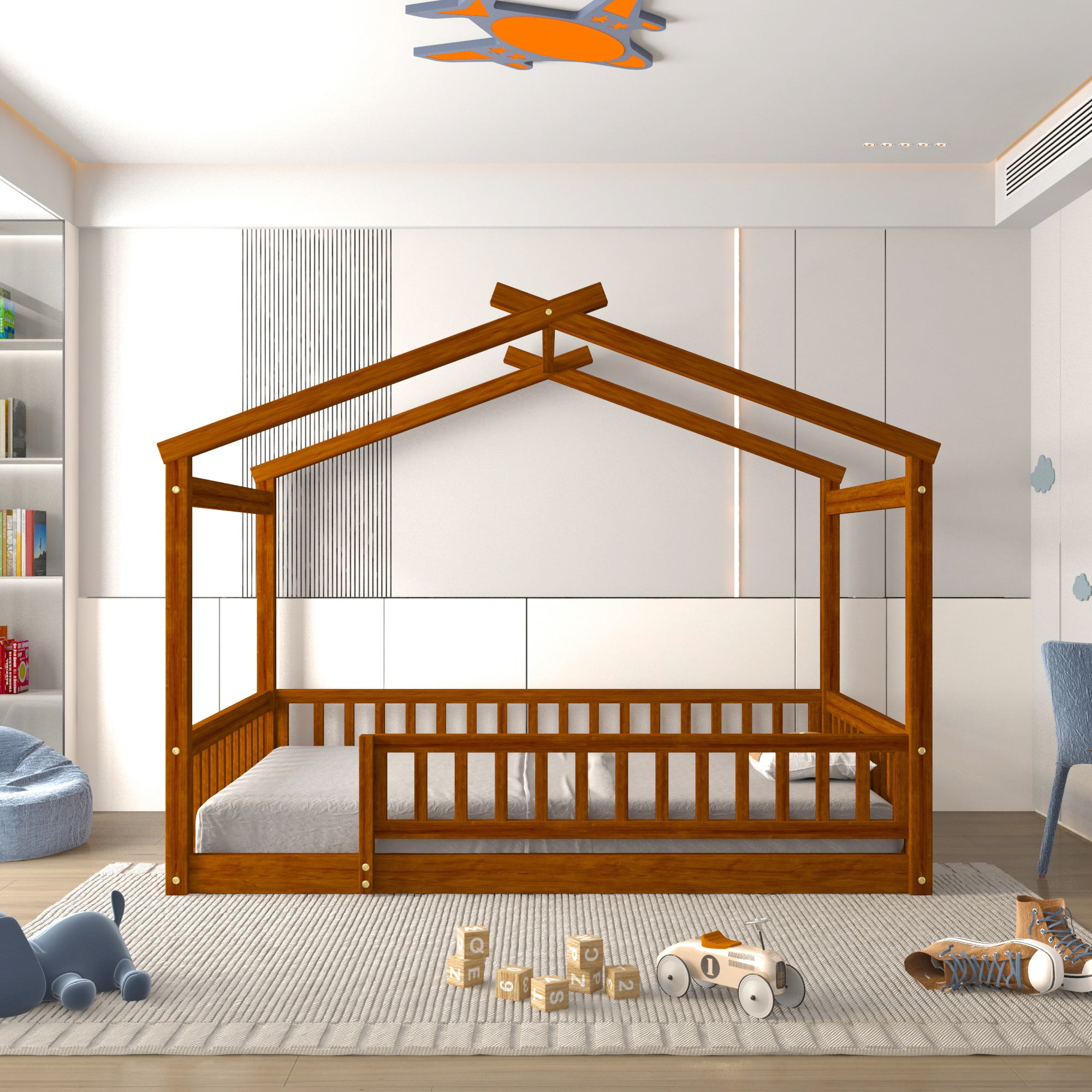 Canopy Bed Frame Platform Bed with Fence Modern Wooden Canopy Bed with ...
