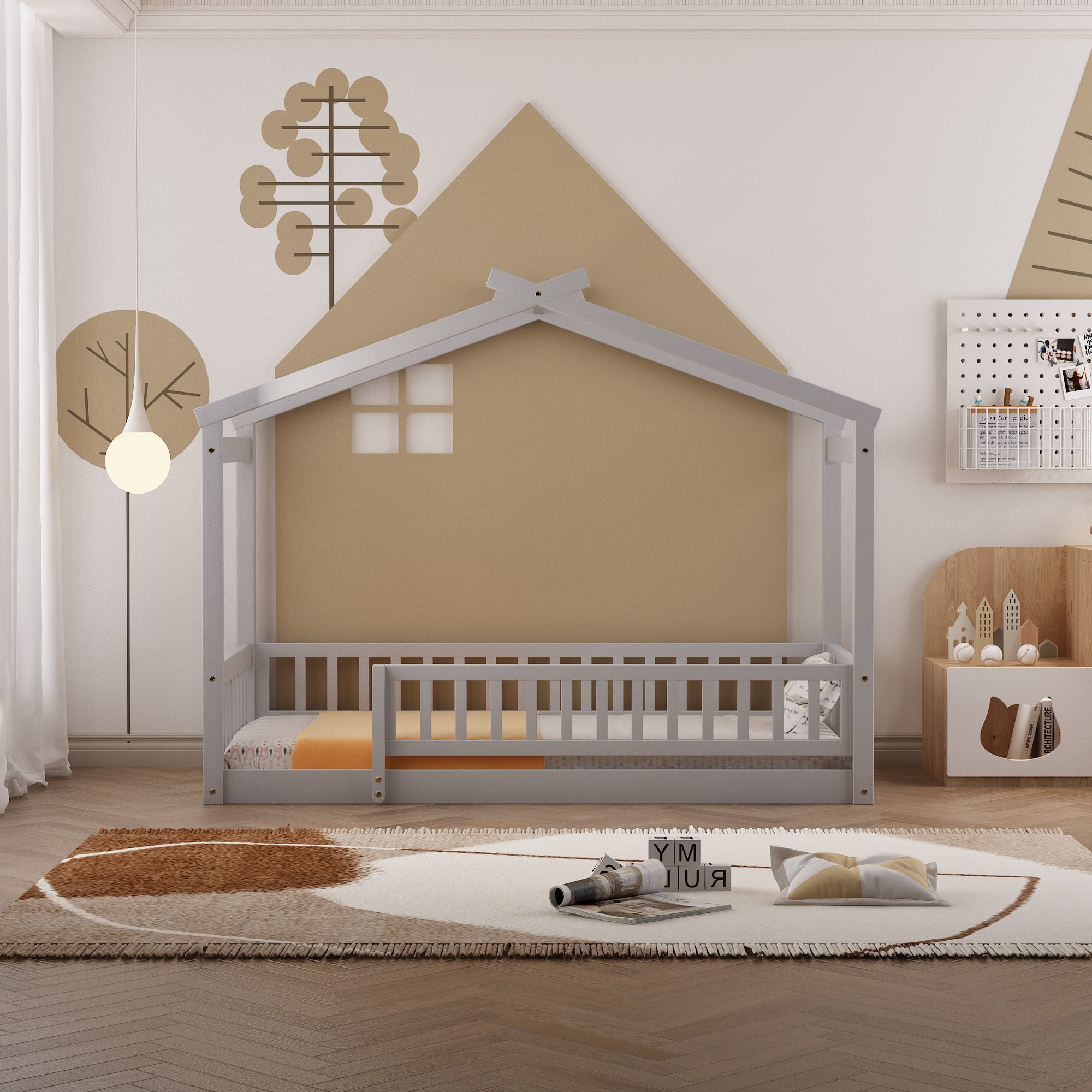 Canopy Bed Frame Platform Bed with Fence Modern Wooden Canopy Bed with ...