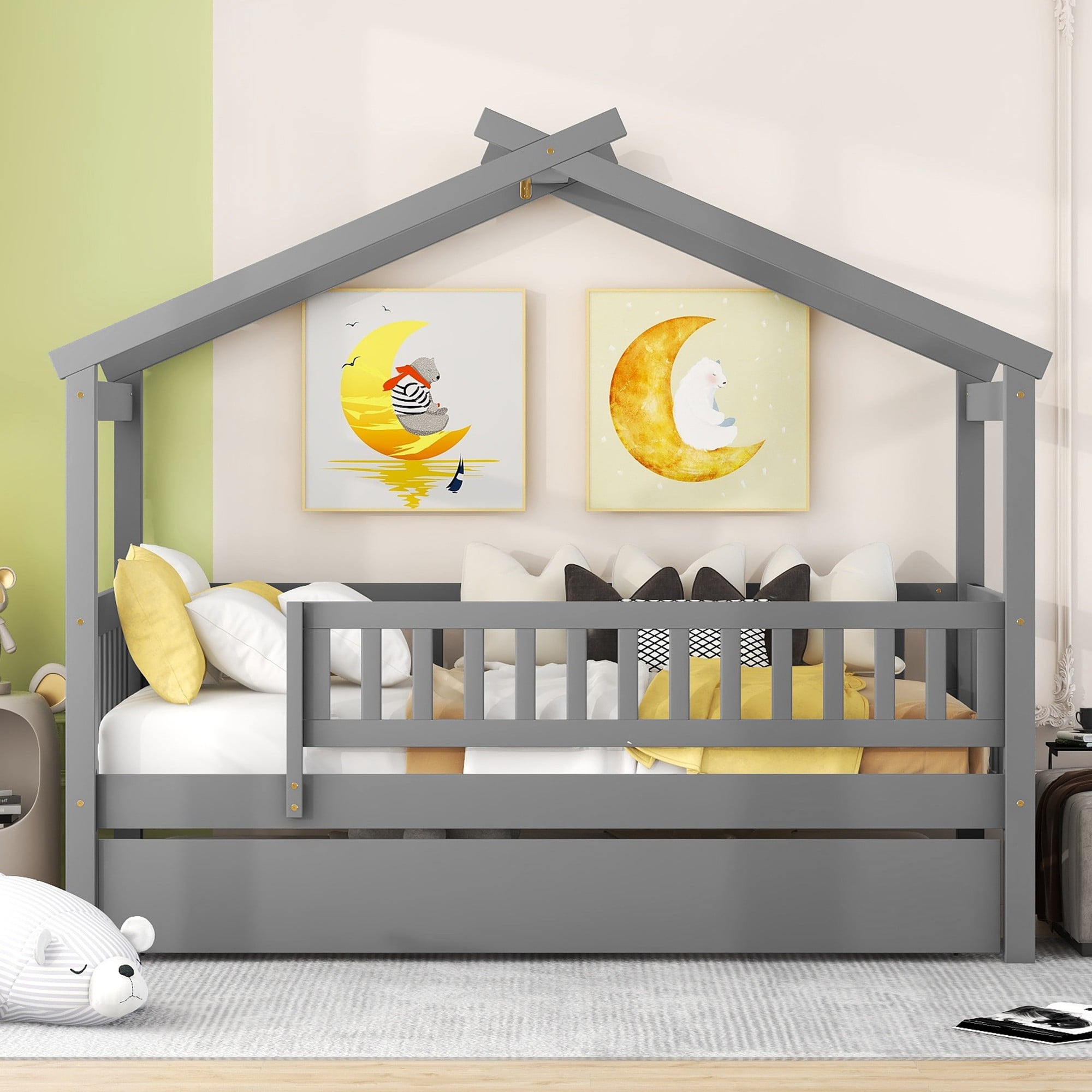 Canopy Bed Frame Platform Bed with Twin Size Trundle Modern Wooden ...