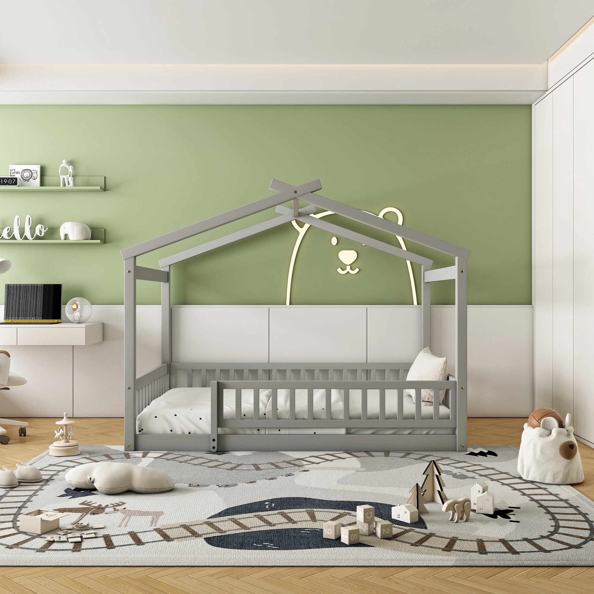 Canopy Bed Frame Platform Bed with Fence Modern Wooden Canopy Bed with ...