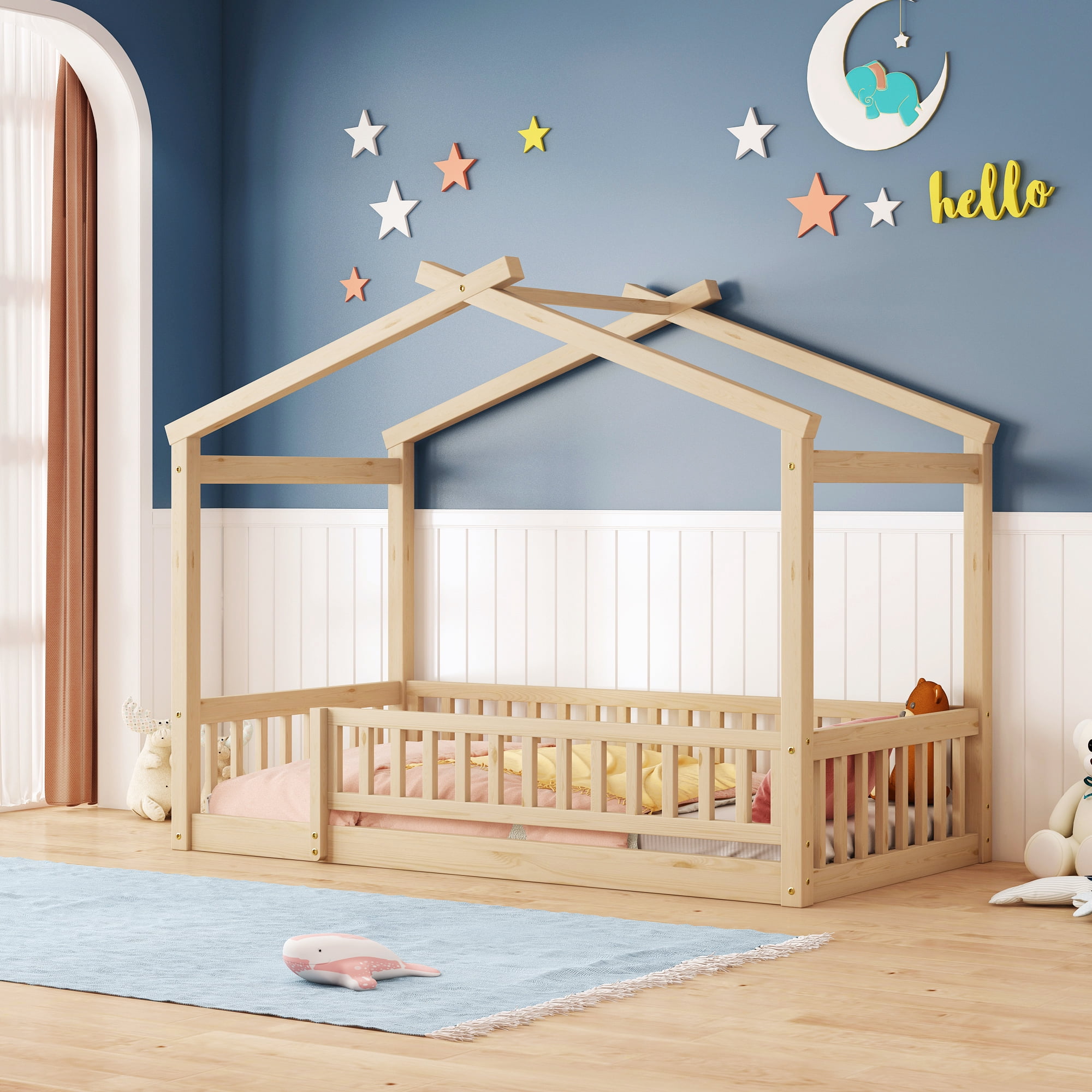 Canopy Bed Frame Platform Bed with Fence Modern Wooden Canopy Bed with ...