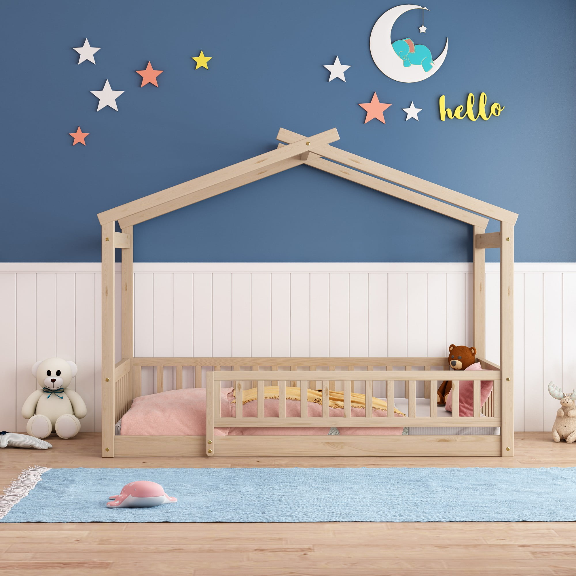 Canopy Bed Frame Platform Bed with Fence Modern Wooden Canopy Bed with ...