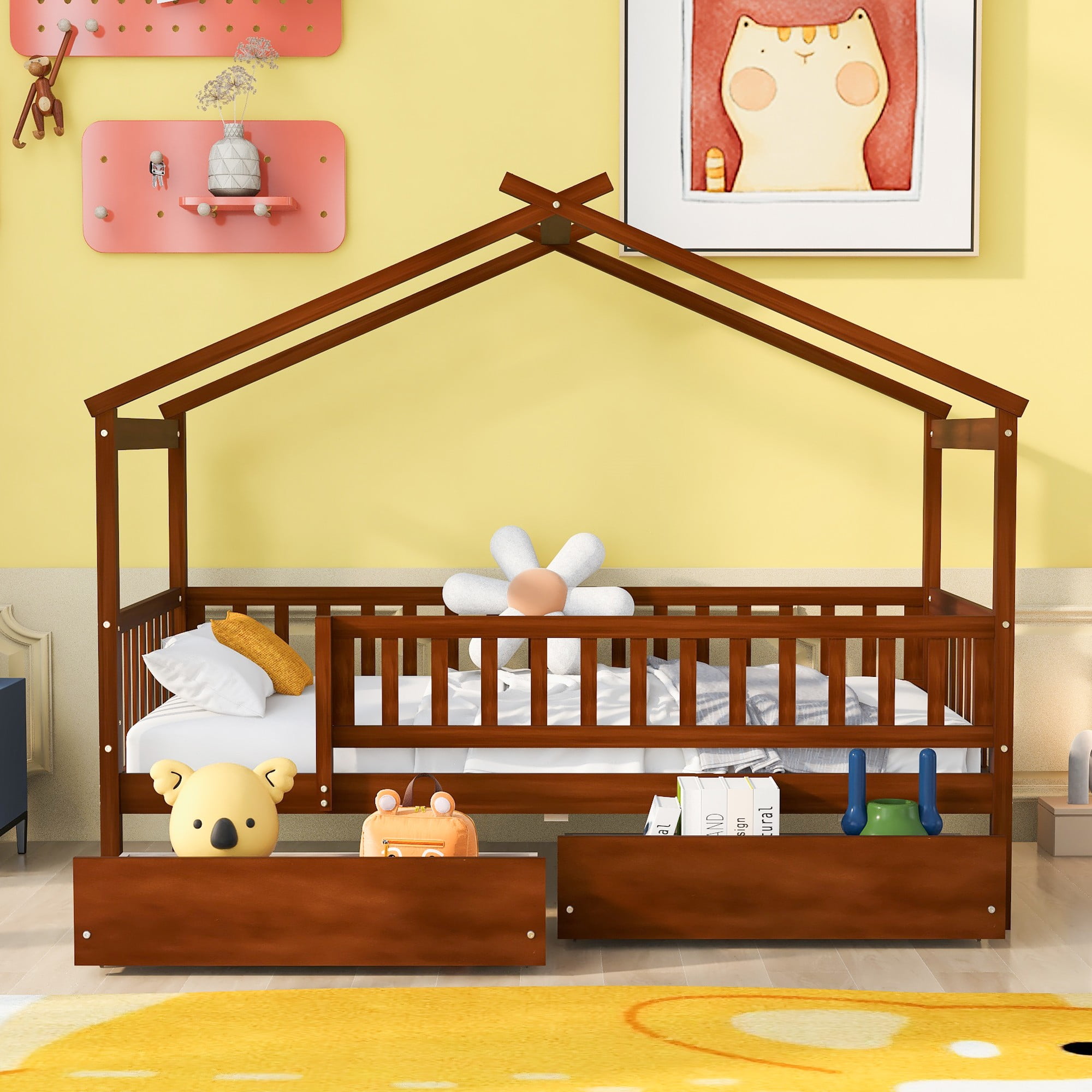 Canopy Bed Frame Platform Bed with Two Drawers Modern Wooden Canopy Bed ...