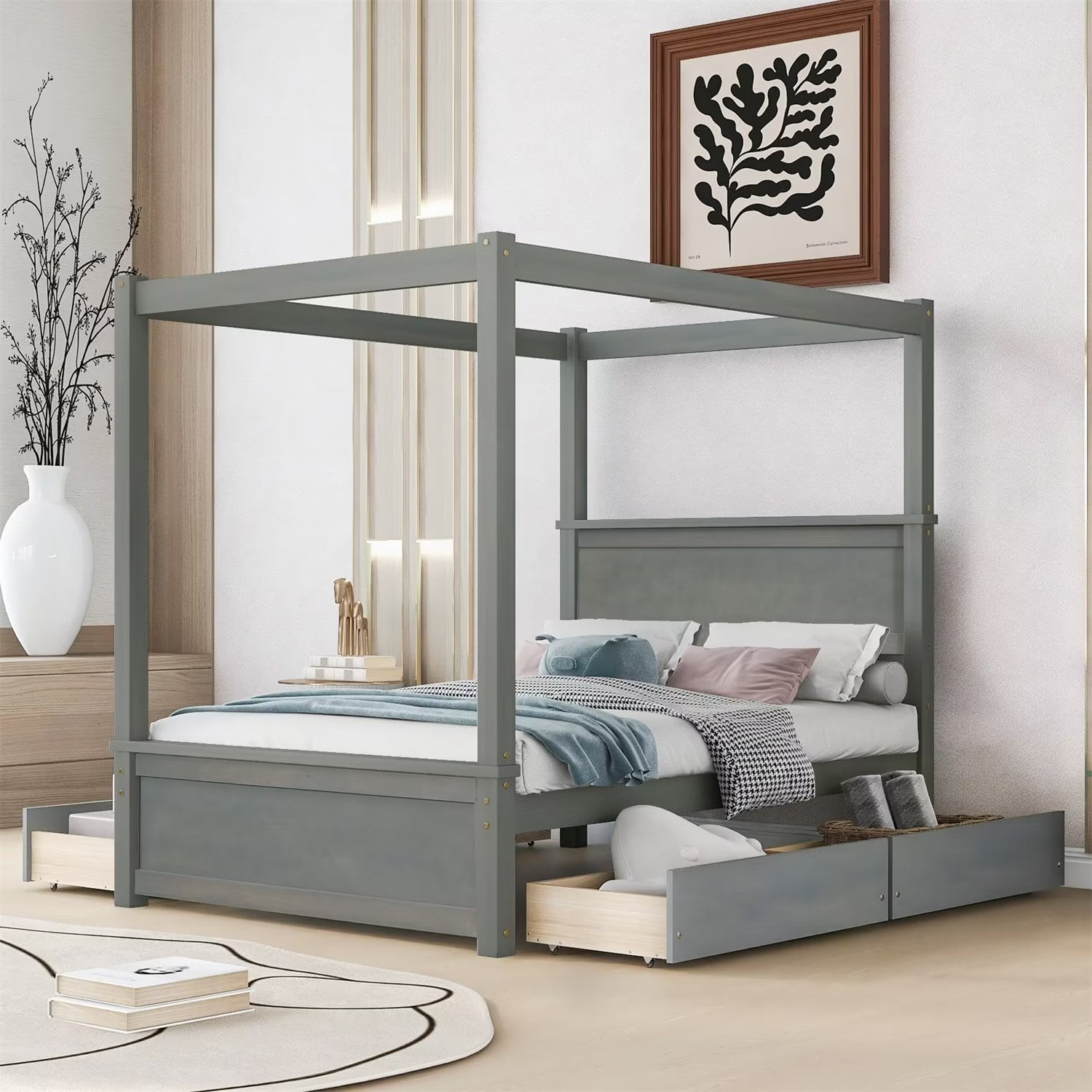 Canopy Bed Full Size with 4 Storage Drawer, Wooden Canopy Platform Bed ...