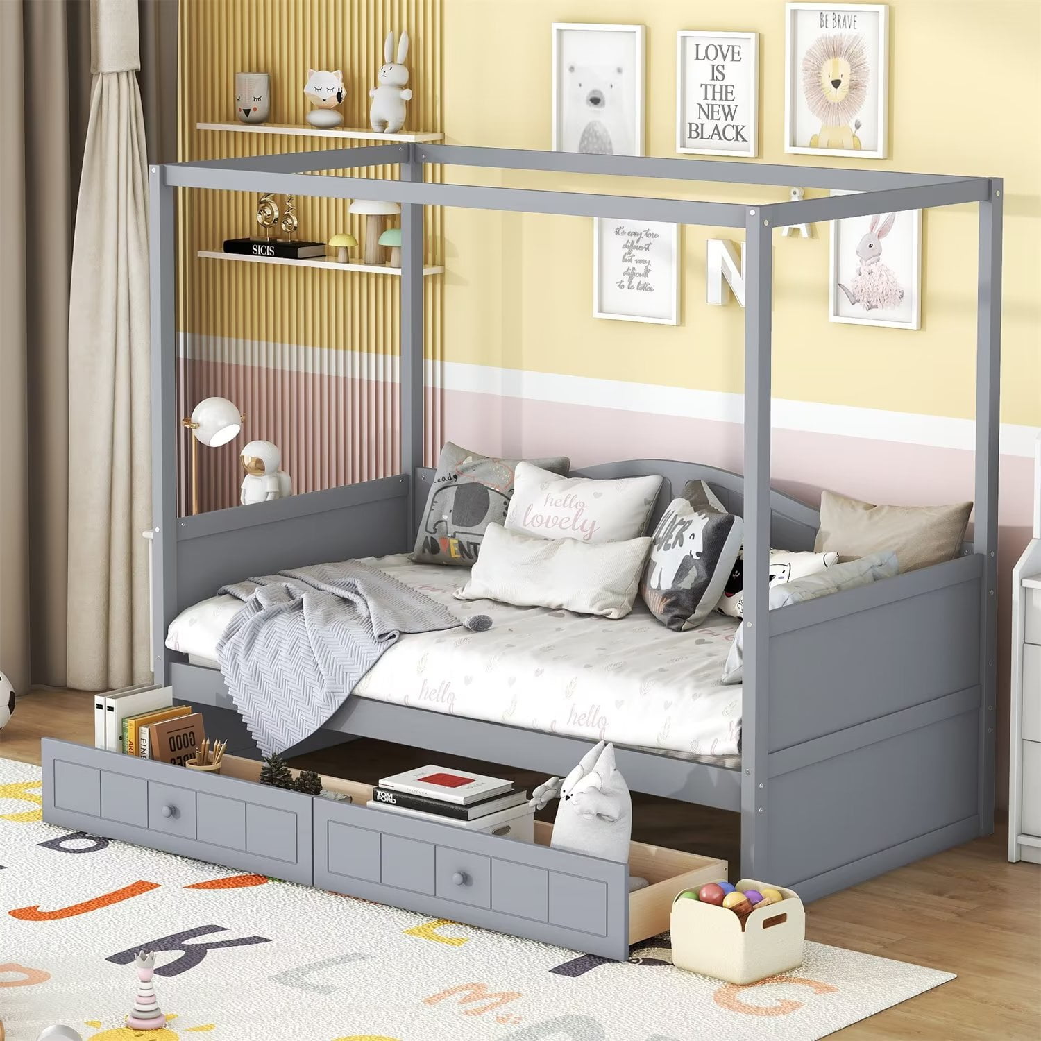 Canopy Daybed with 2 Drawers, Twin Size Platform Bed Frame with 4 ...