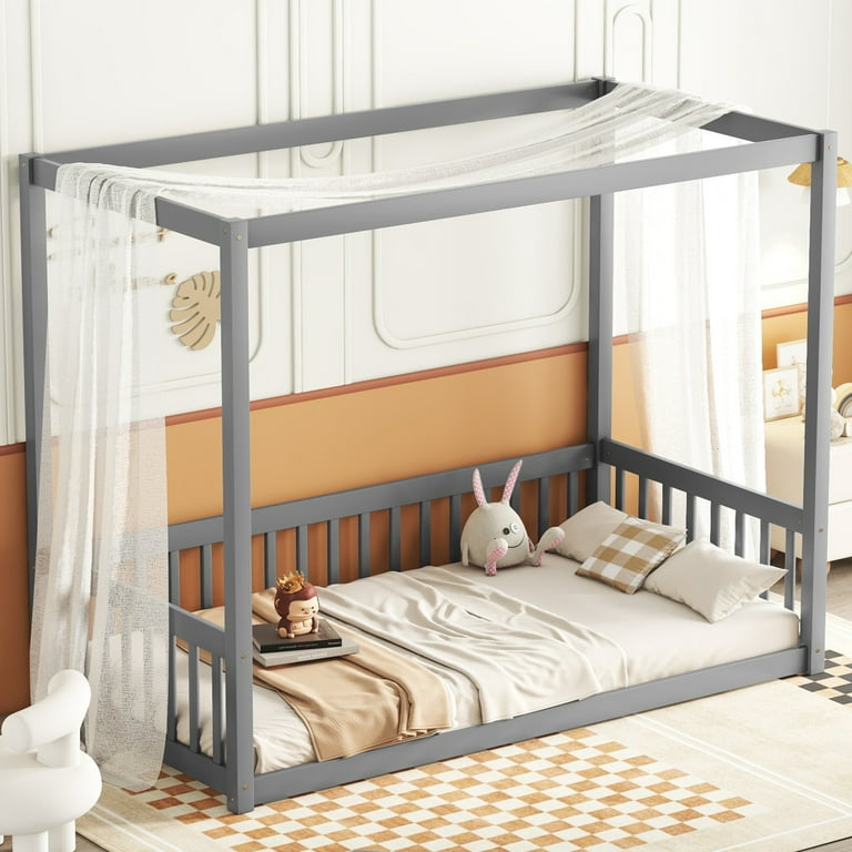 Canopy Frame Floor Bed with Fence Guardrails Grey