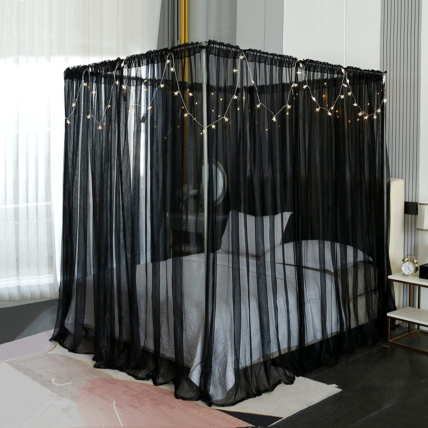 Canopy for Girls Room Black Bed Curtains Elegant Sheer Curtain for Twin Full Queen King Size Bed ...