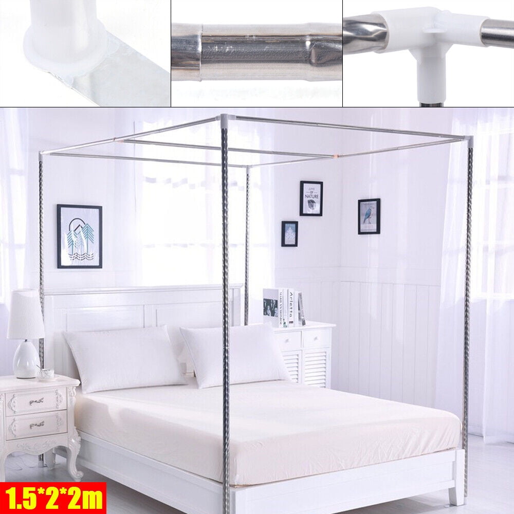 Canopy Metal Bed Frame, Queen Size 4 Corner Stainless Steel Bedding ...
