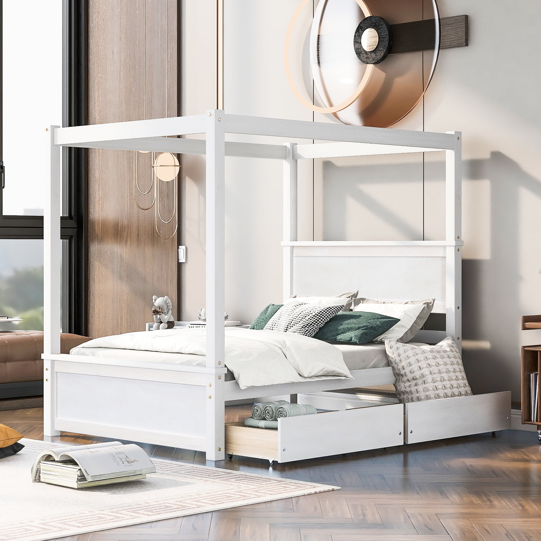 Canopy Platform Bed With Support Slats, Brushed White, Space Saving And ...