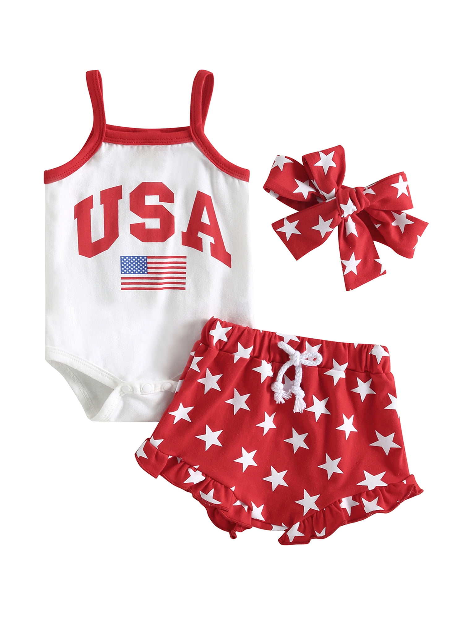 Canrulo 4th of July Baby Girl Outfits USA American Flag Print Sleeveless Halter Romper Star ...