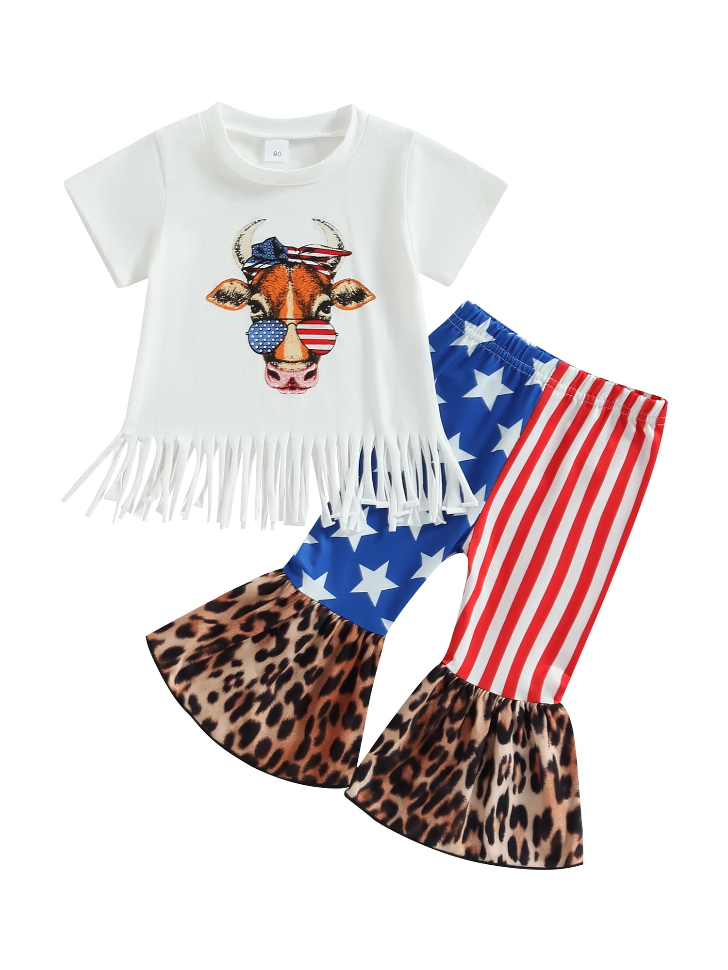 Canrulo 4th of July Toddler Baby Girls Outfits USA Flag Short Sleeve Tassel T-Shirt Bell Bottoms ...
