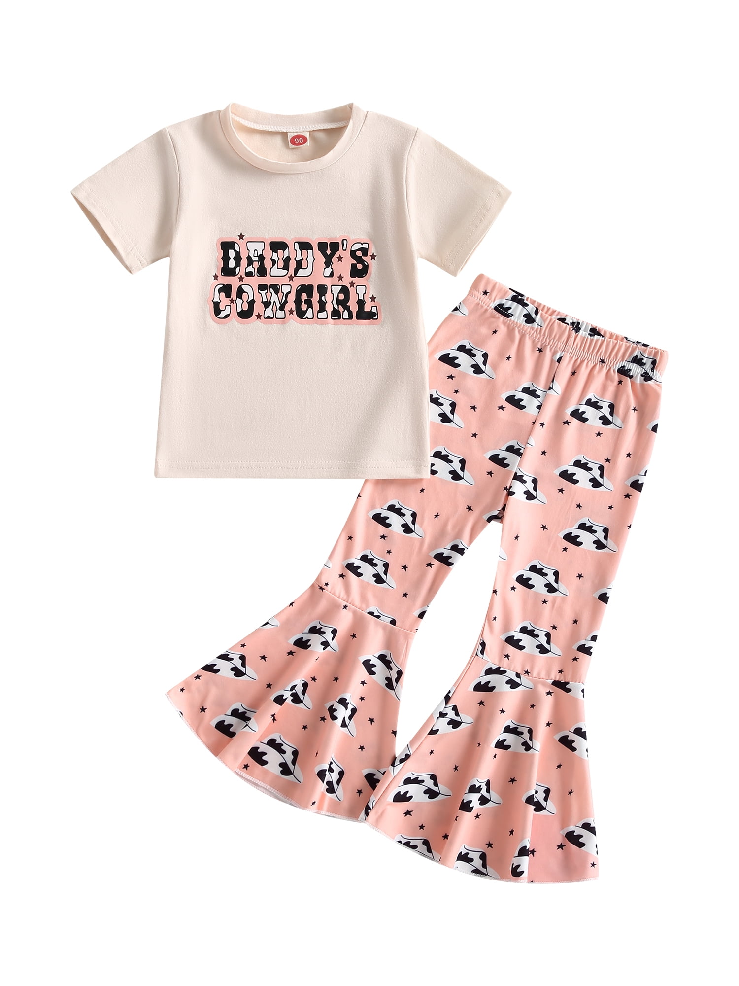 Canrulo Canrulo Toddler Baby Girls Western Outfit Letter Print Short Sleeve T-Shirt Floral Flare ...