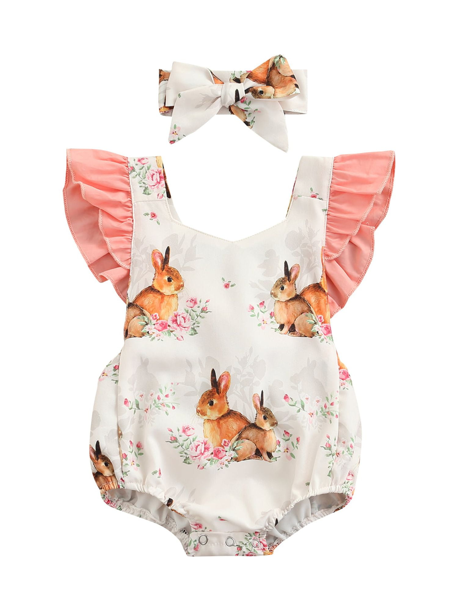 Canrulo Infant Baby Girls Easter Outfits Ruffle Sleeve Bunny Rabbit Print Romper Jumpsuit ...