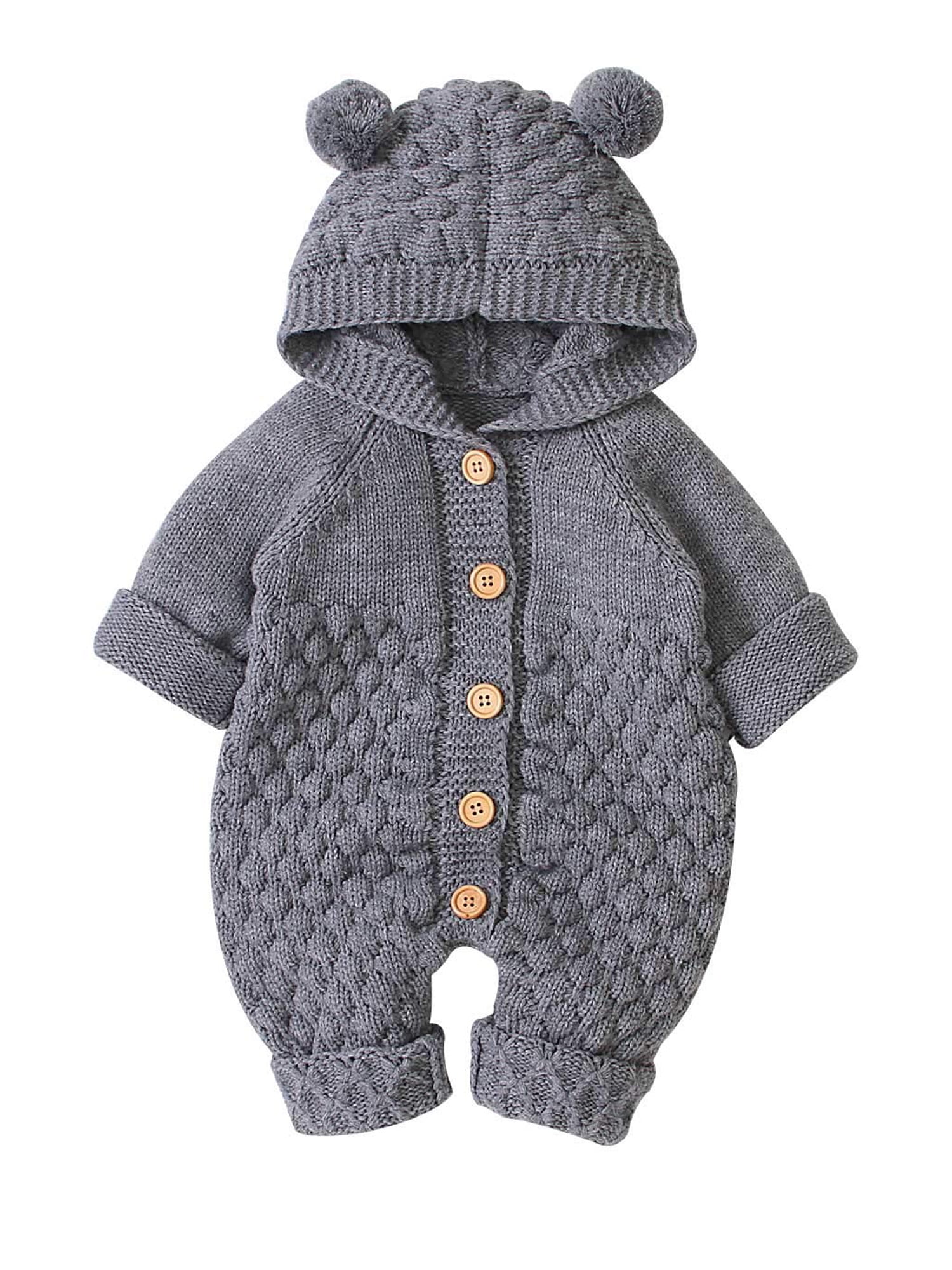 Canrulo Newborn Baby Boy Girls Bear Ear Knit Romper Hooded Wool Sweater ...