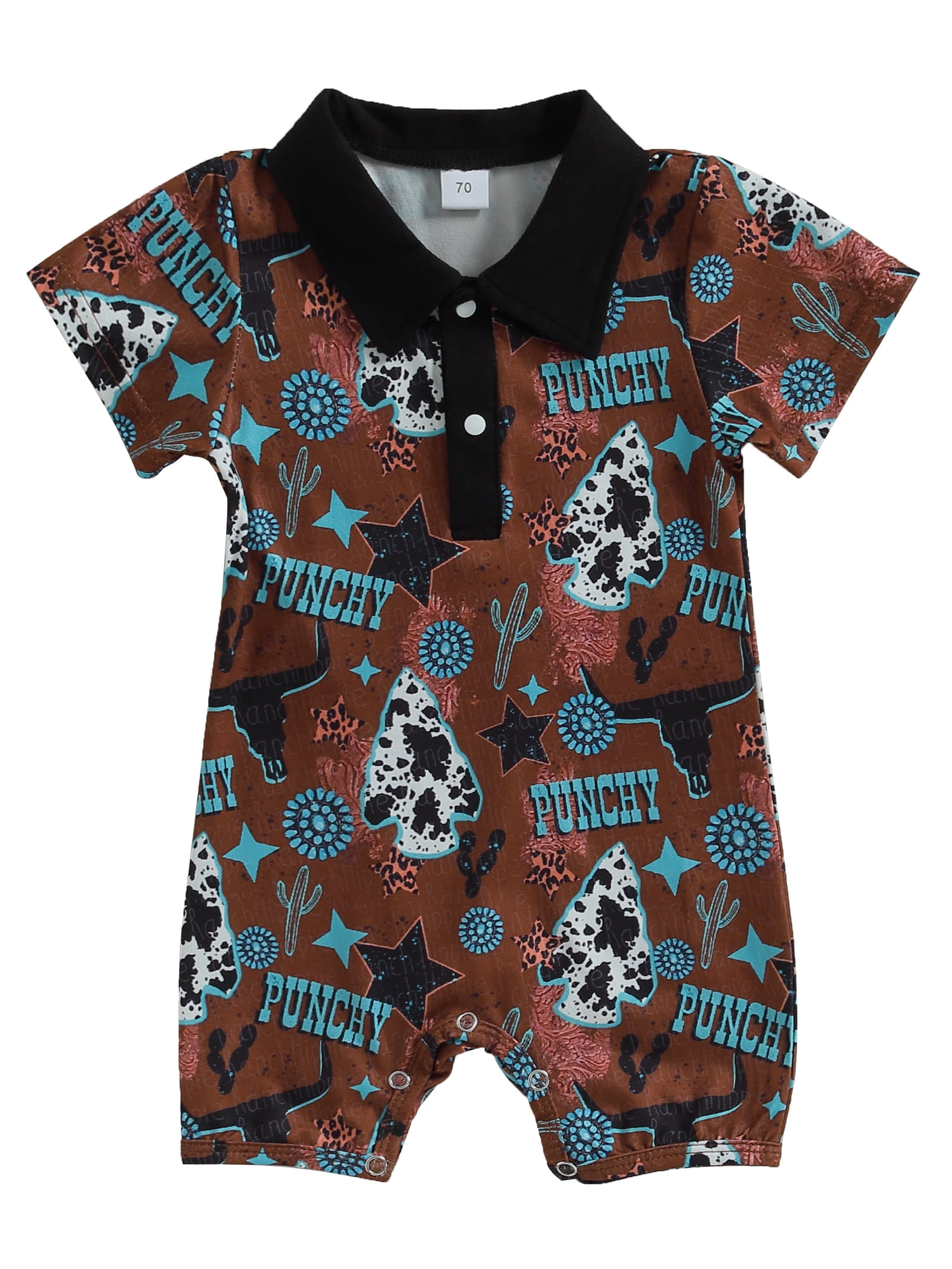 Canrulo Newborn Baby Boy Western Clothes Cow Print Lapel Short Sleeve Romper Jumpsuit Summer ...