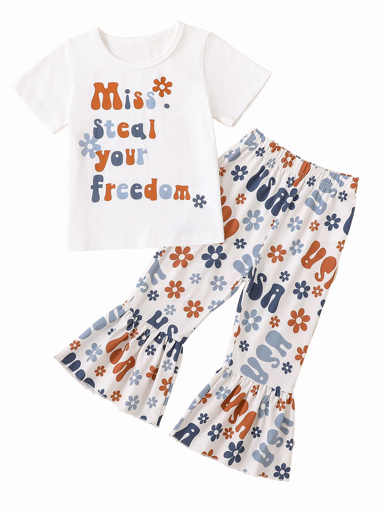 Canrulo Toddler Baby Girl 4th of July Outfits Short Sleeve USA Flower T ...