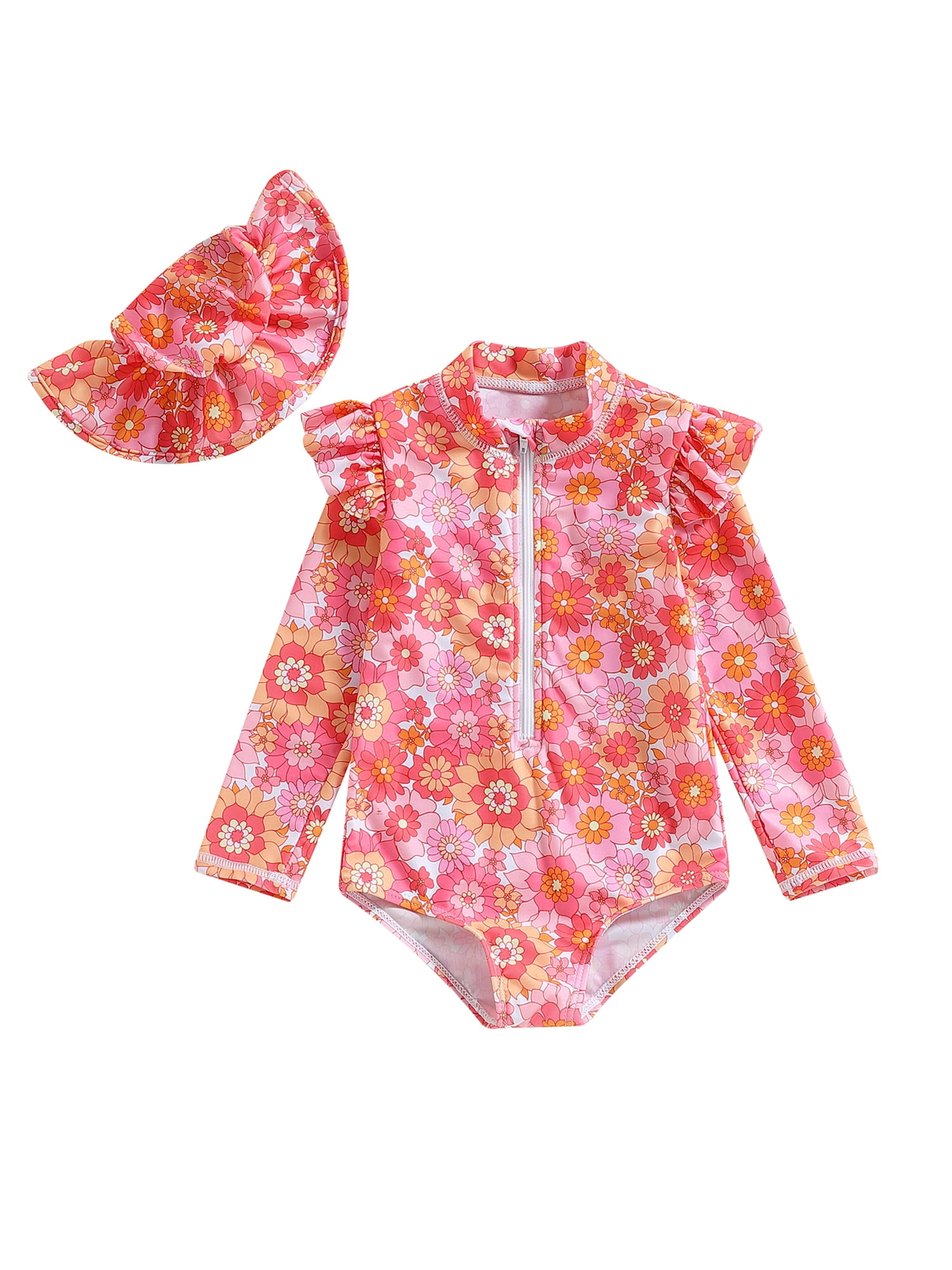 Canrulo Toddler Baby Girl One Piece Swimsuit Ruffled Long Sleeve Zipper Rash Guard Swimwear ...